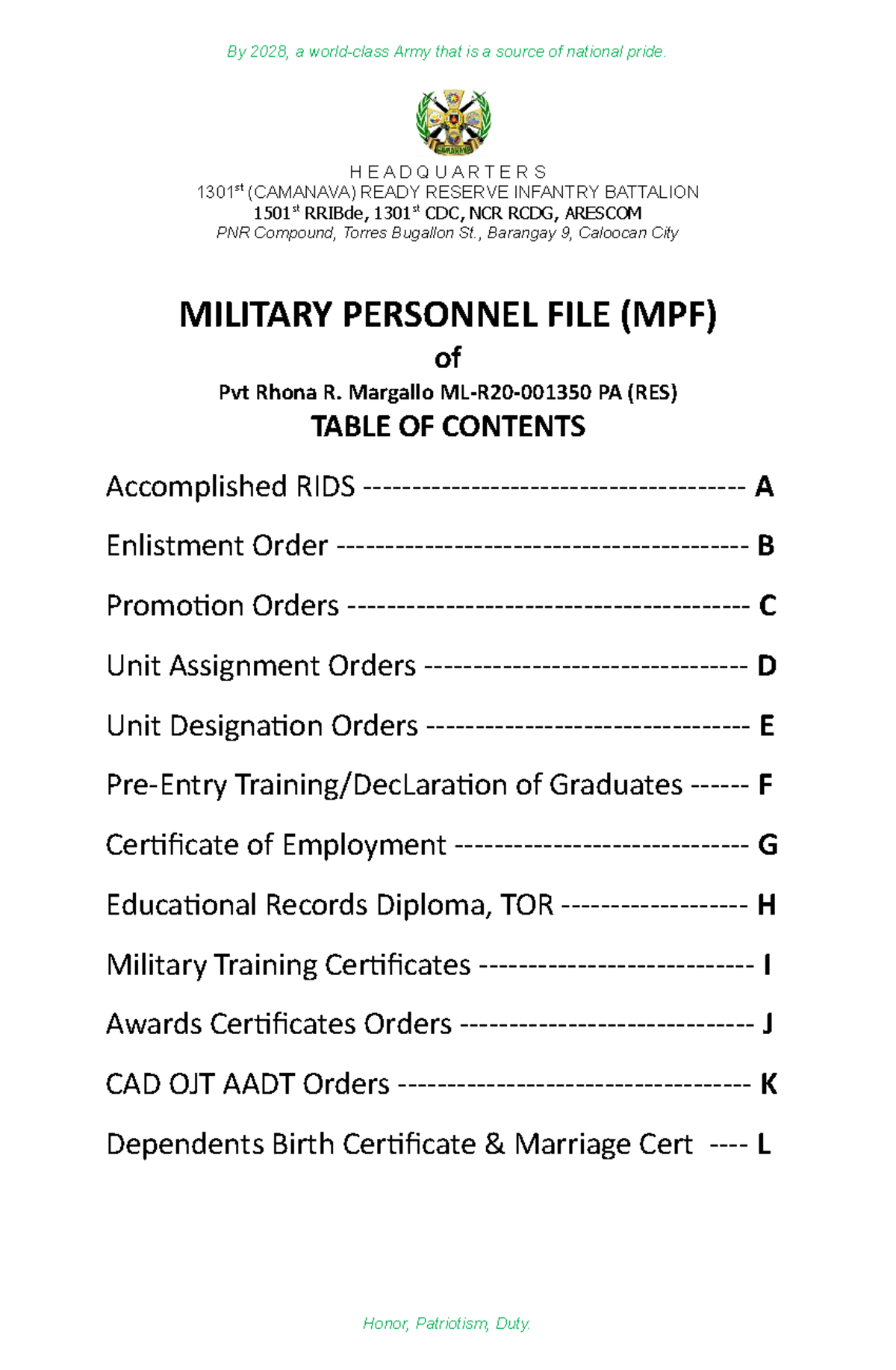 MPF Table of Contents Tabbings - H E A D Q U A R T E R S 1301 st ...