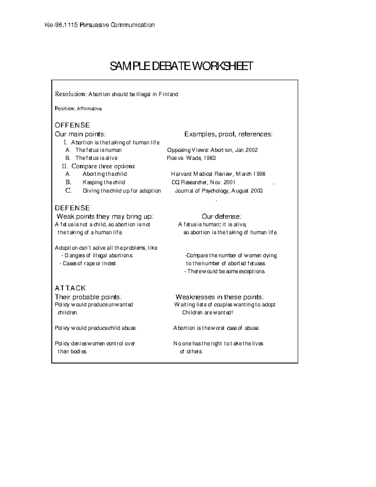 Sample debate outline - from me to you - Kie-98 Persuasive ...