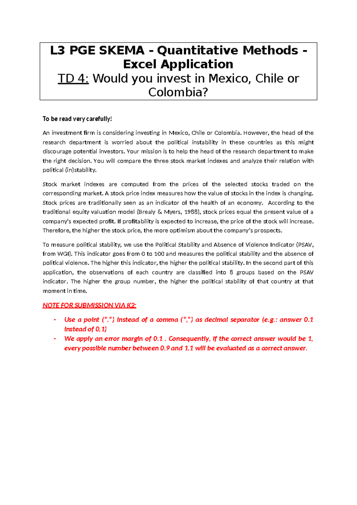 Excel Application 3 - Exercice Quantitativ method pour preparer les finals - L3 PGE SKEMA ...