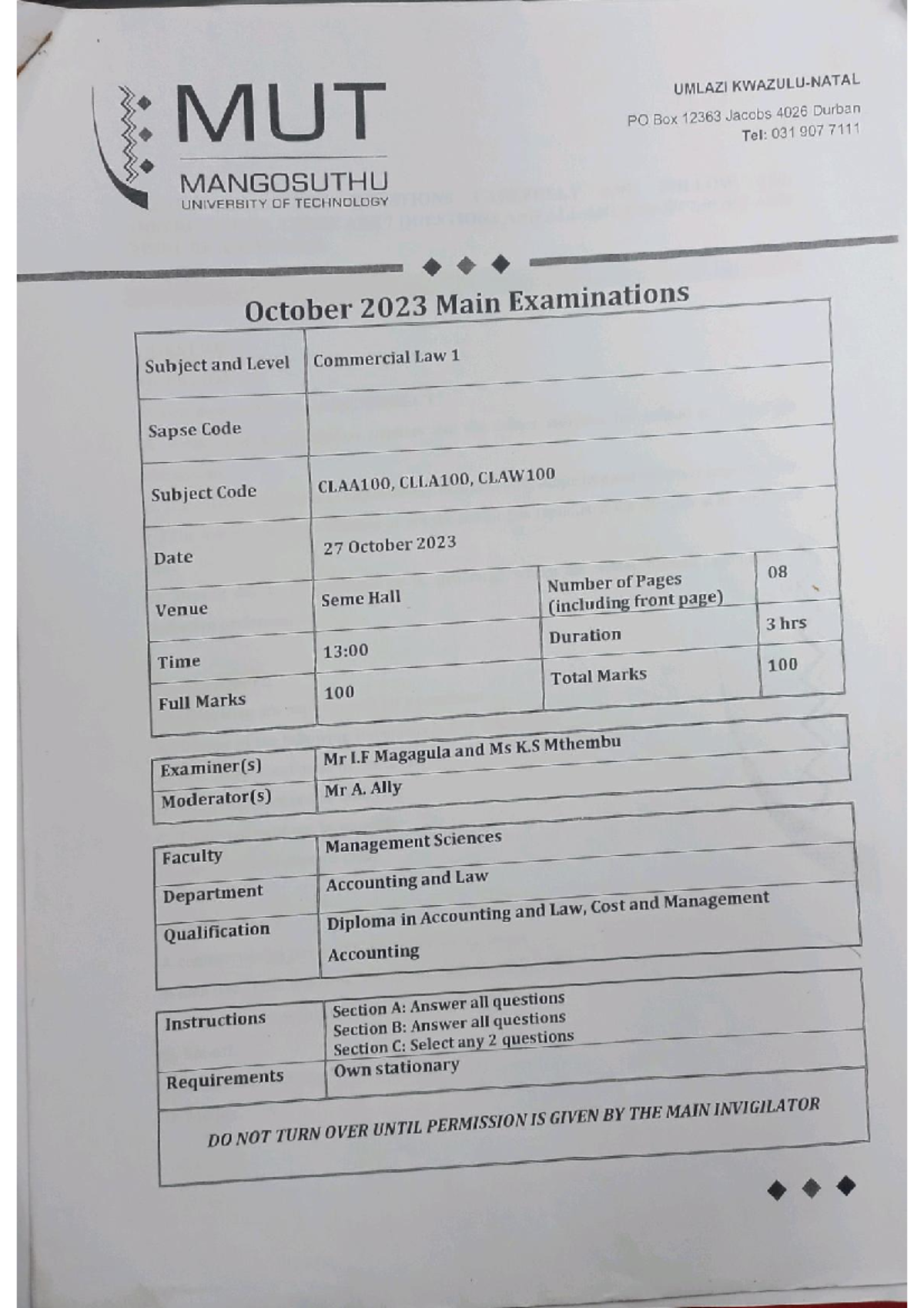 October 2023 - This is a question paper for commercial law year 1 ...