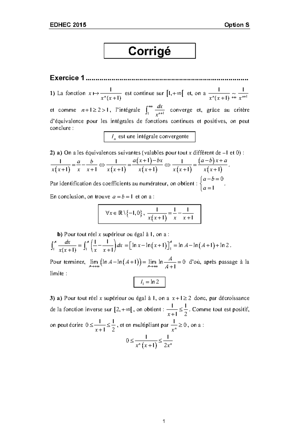 2015 edhec-corrige - Corrigé Exercice 1 - Studocu