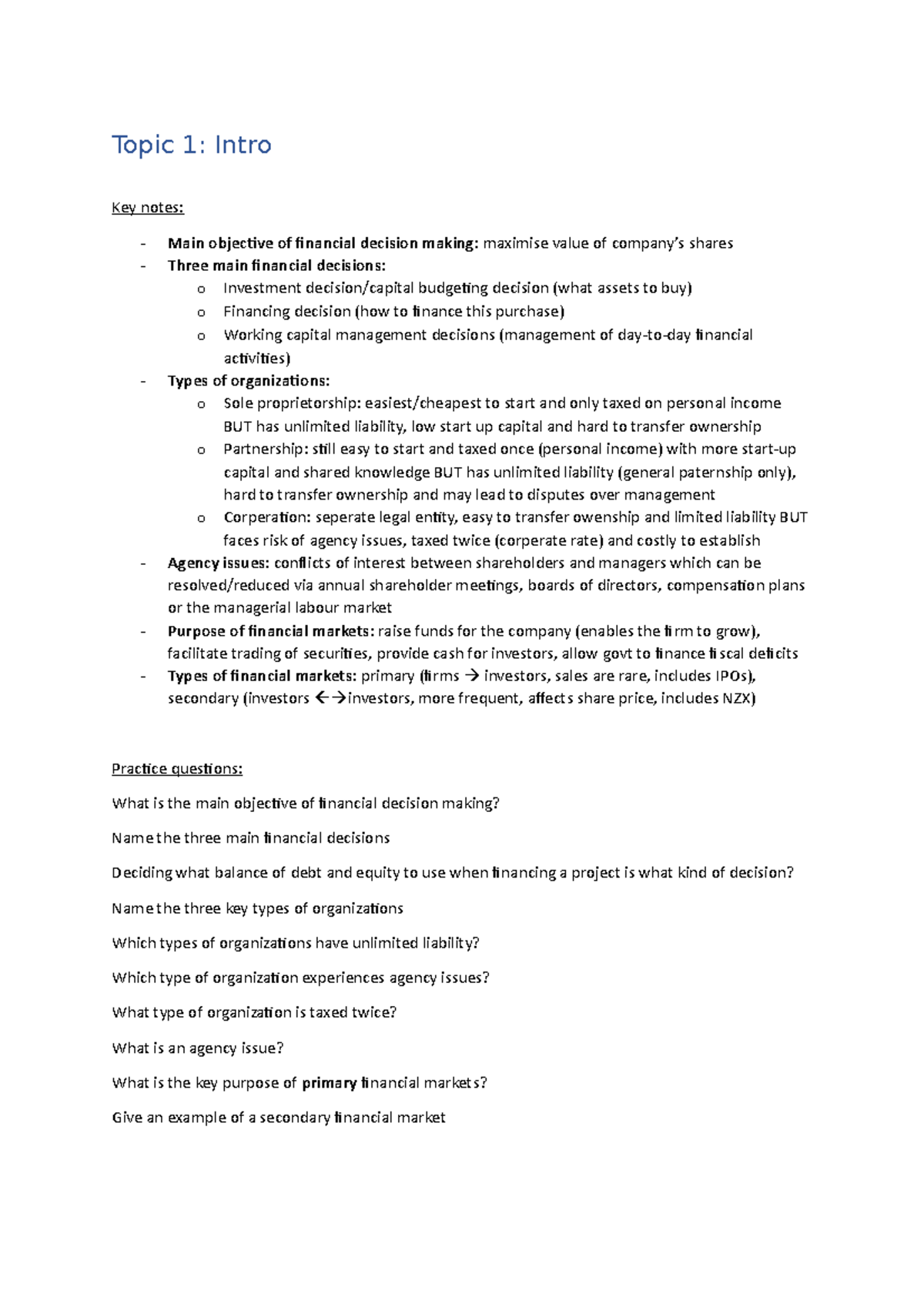 Topic 1- Introduction - Topic 1: Intro Key notes: Main objective of ...