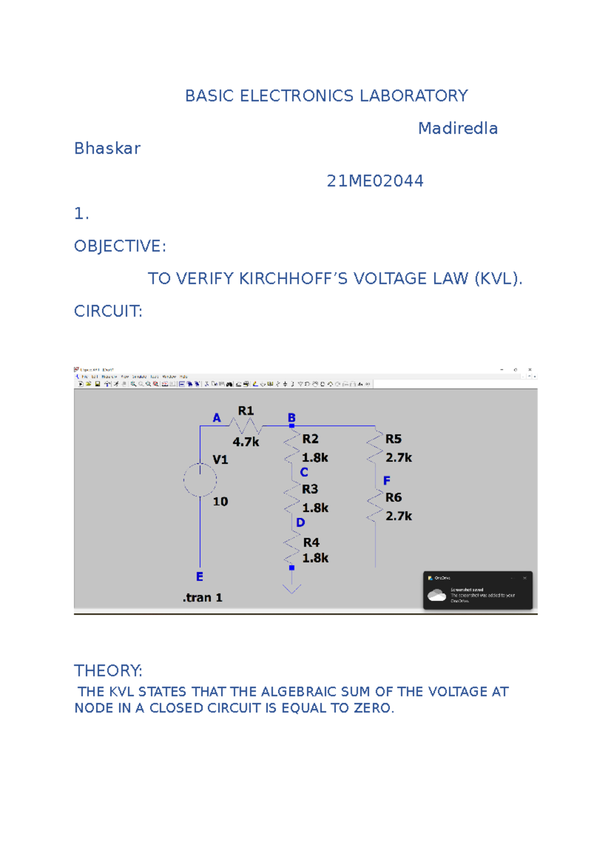 Be LAB - good - BASIC ELECTRONICS LABORATORY Madiredla Bhaskar 21ME 1. OBJECTIVE: TO VERIFY ...