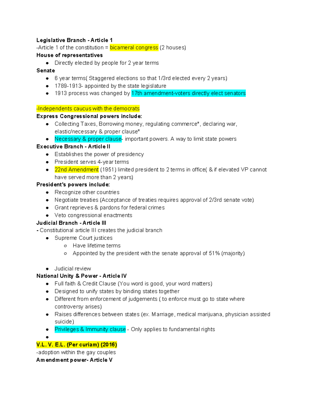 PSCI Week 3 - Lecture notes 3 - Legislative Branch Article 1 1 of the ...