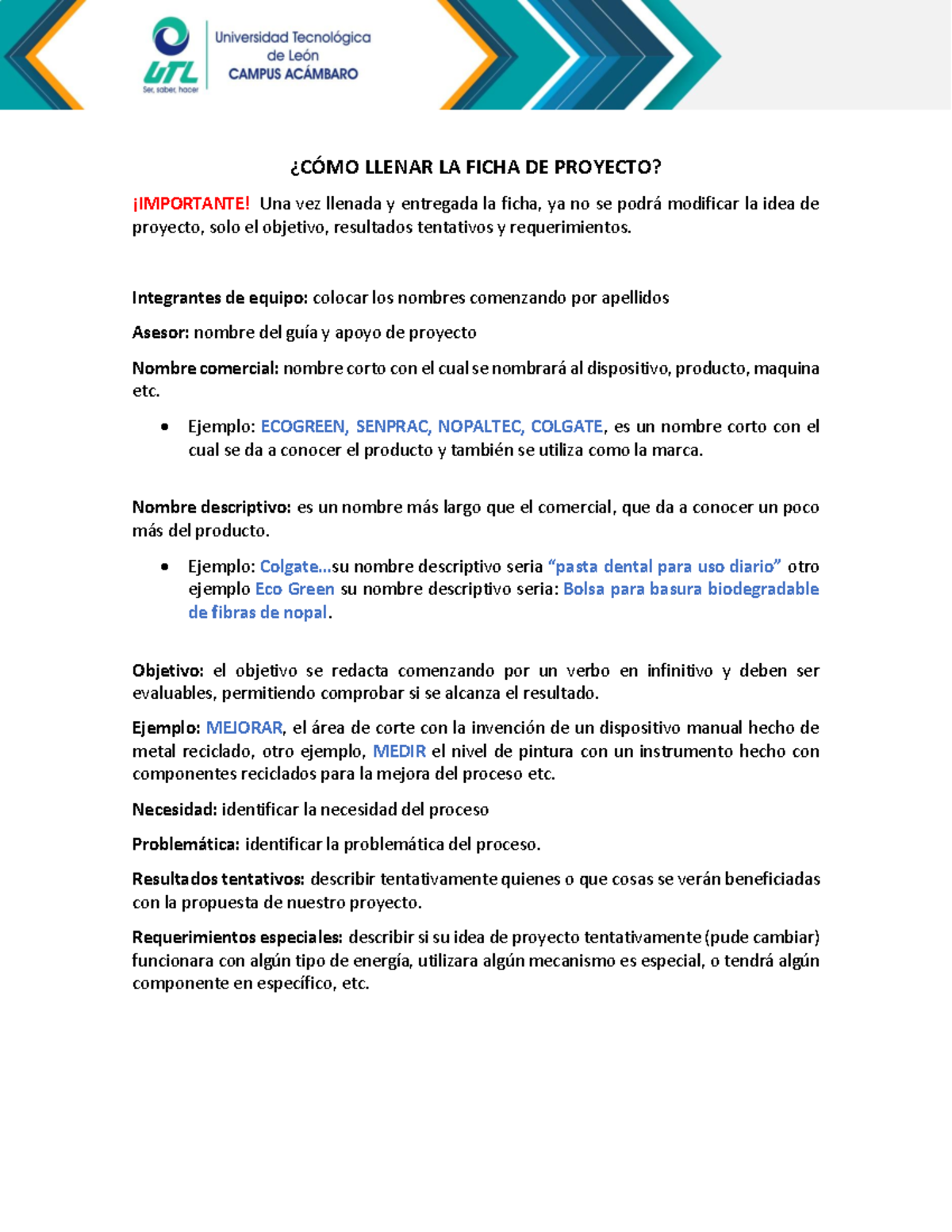 Ejemplo de llenado - proyecto final - ¿CÓMO LLENAR LA FICHA DE PROYECTO? ¡IMPORTANTE! Una vez ...