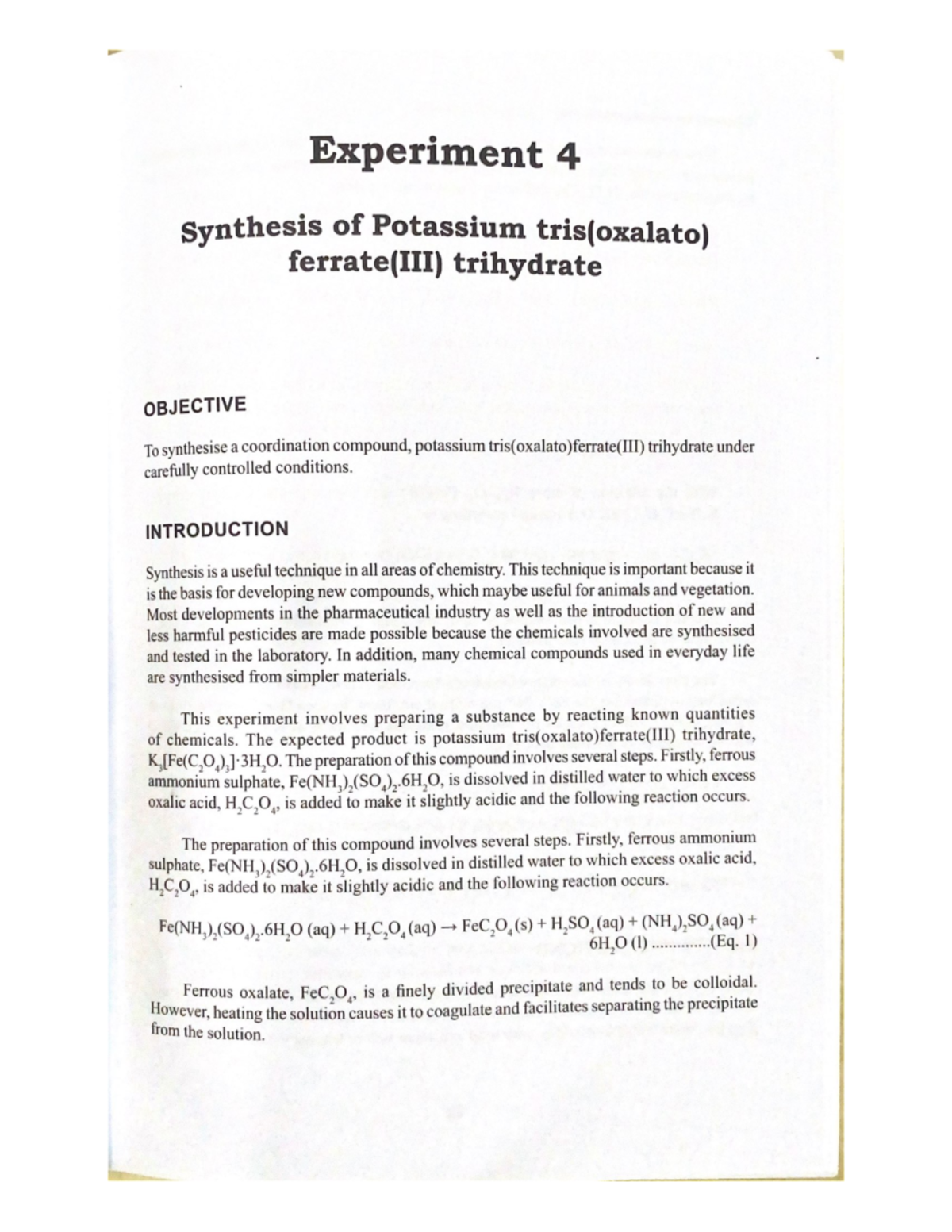 Experiment 4 : Synthesis of Potassium tris(oxalato) ferrate (III) trihydrate - Experiment 4 ...