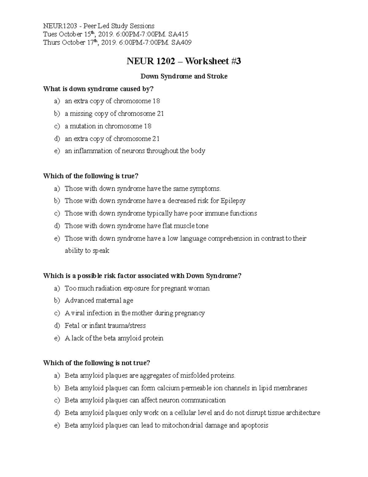 NEUR1203 F2019 WS3 - Extra practice worksheet - NEUR1203 - Peer Led Study Sessions Tues October ...