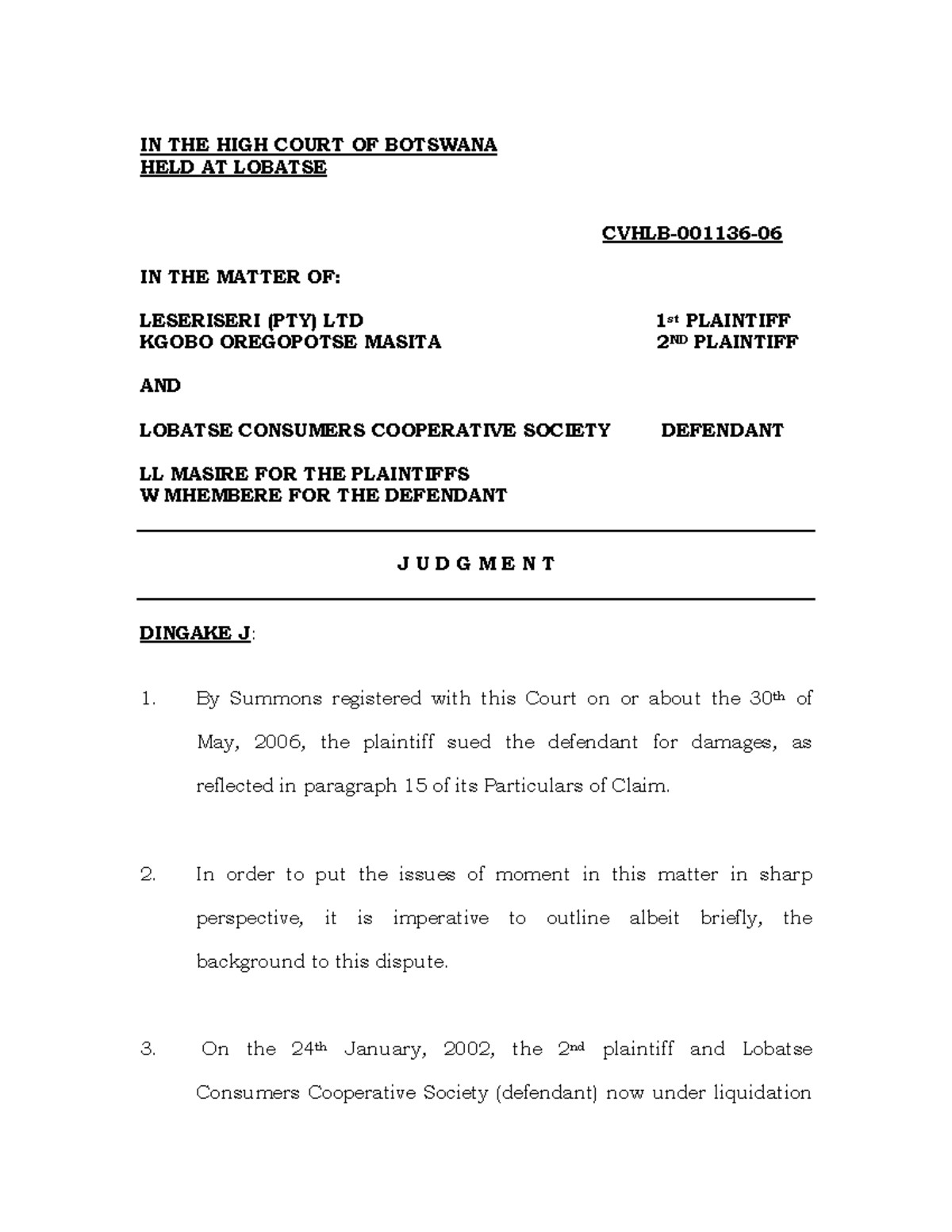 Dingake case - contract v delict - elements - IN THE HIGH COURT OF ...