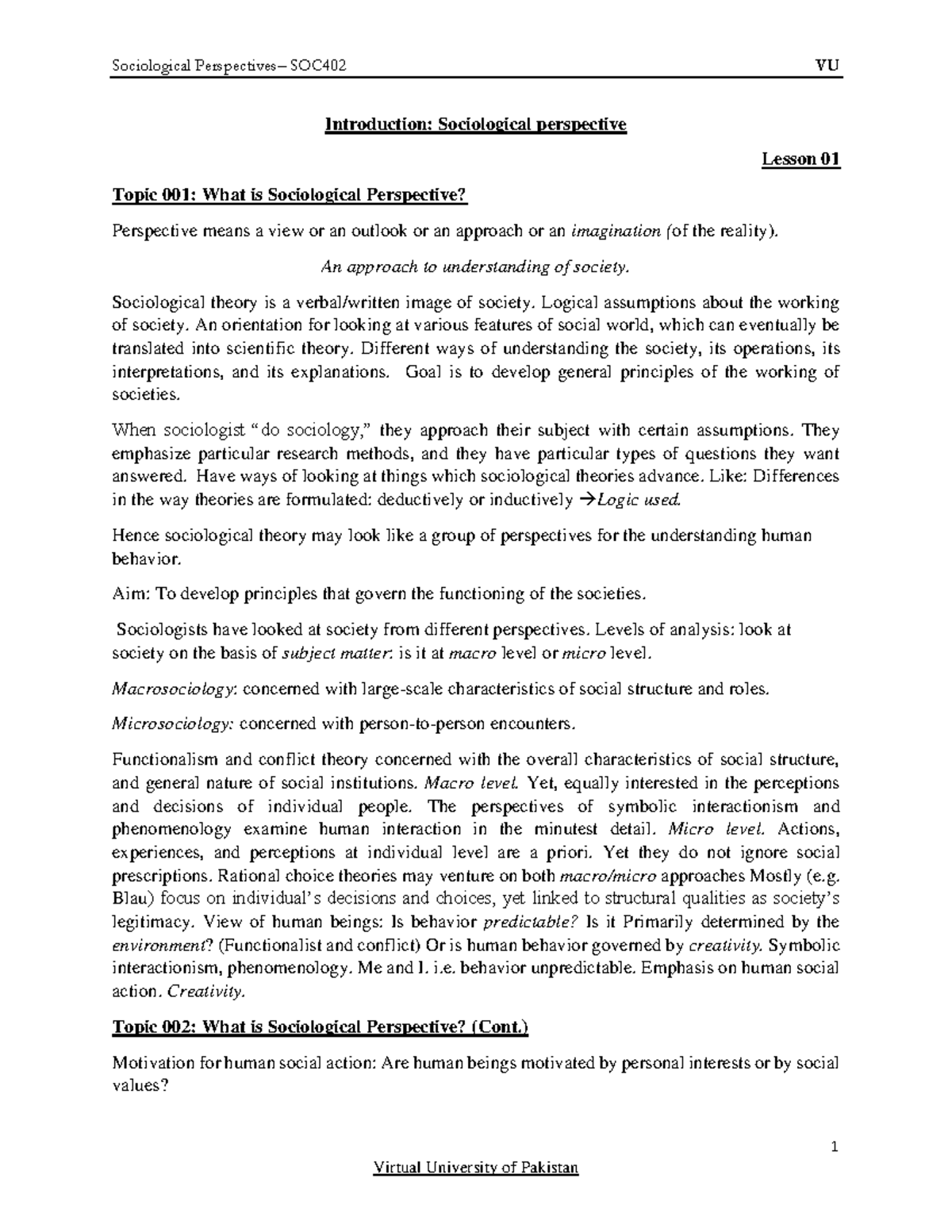 SOC402 Handouts lesson 01-45 final - 1 Introduction: Sociological ...