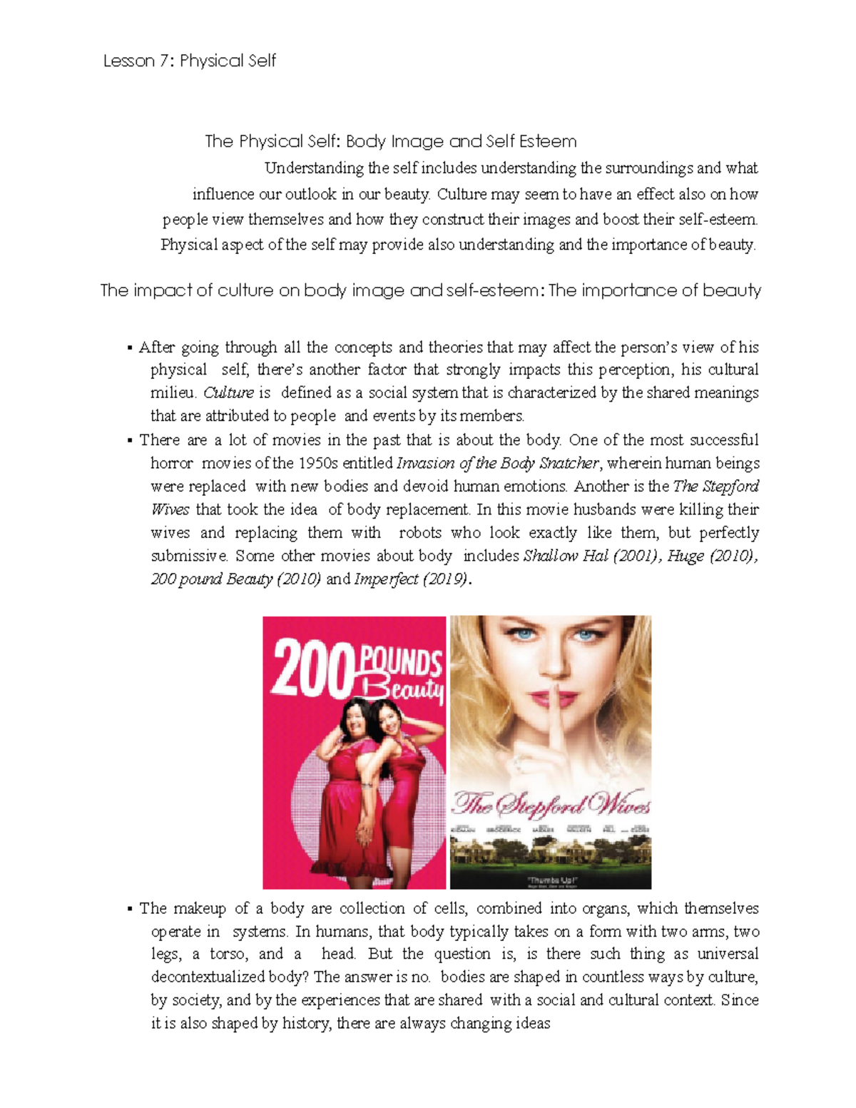 Lesson 7 Physical Self (Importance of Beauty) - Lesson 7: Physical Self The Physical Self: Body ...