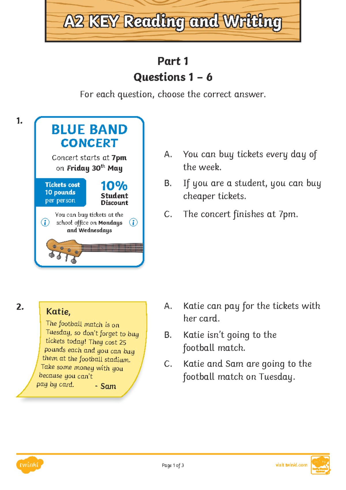 KET READING PART 1 - Choose the correct option - 1. 2. A2 KEY Reading ...
