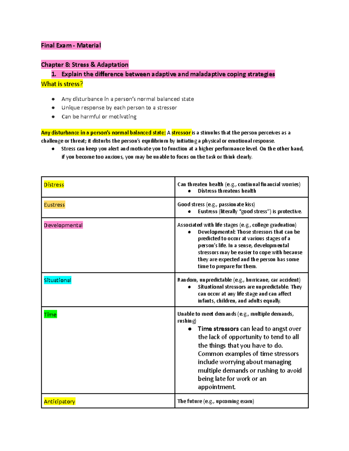 Final Exam - Material - Final Exam - Material Chapter 8: Stress ...