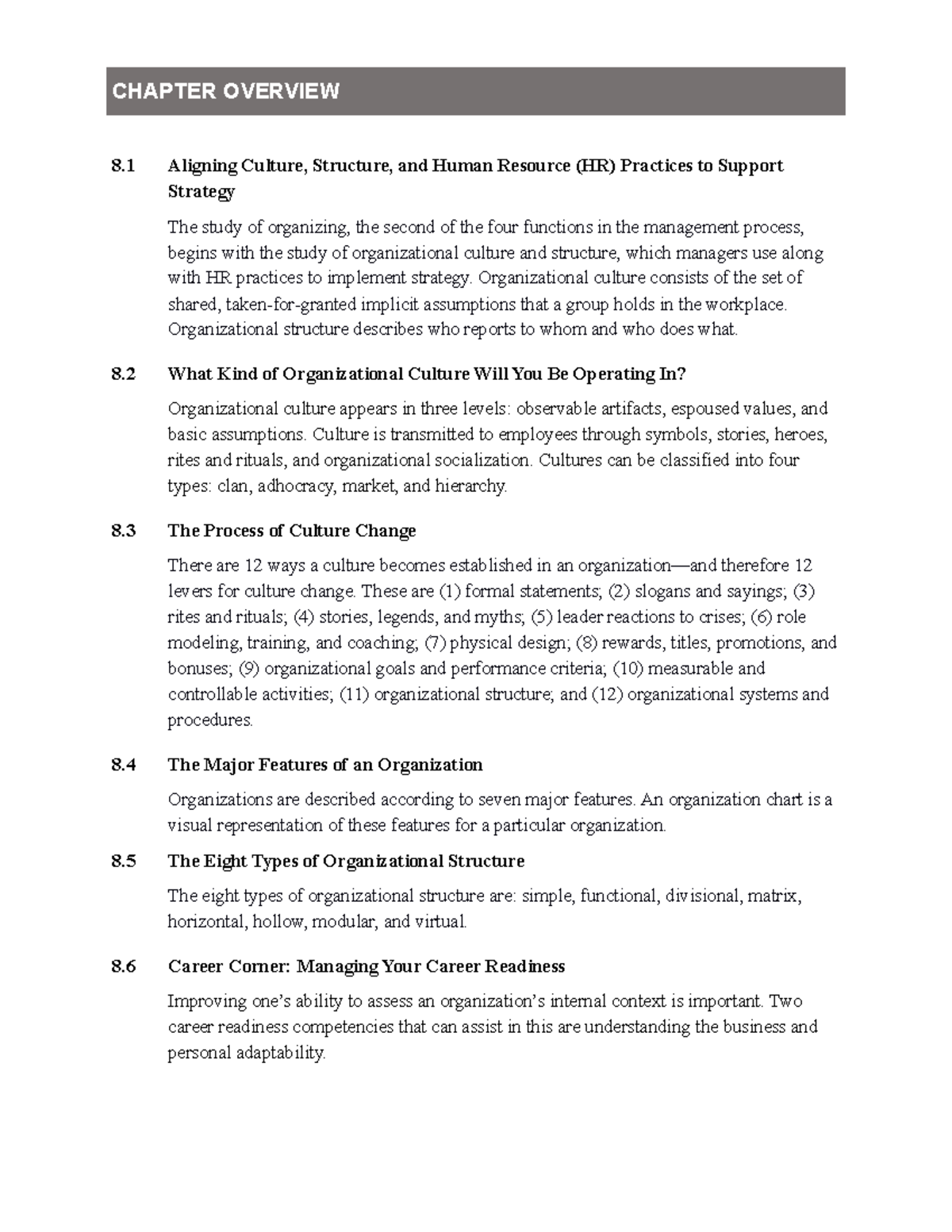 Ch 8 Overview of Chapter - CHAPTER OVERVIEW 8 Aligning Culture ...