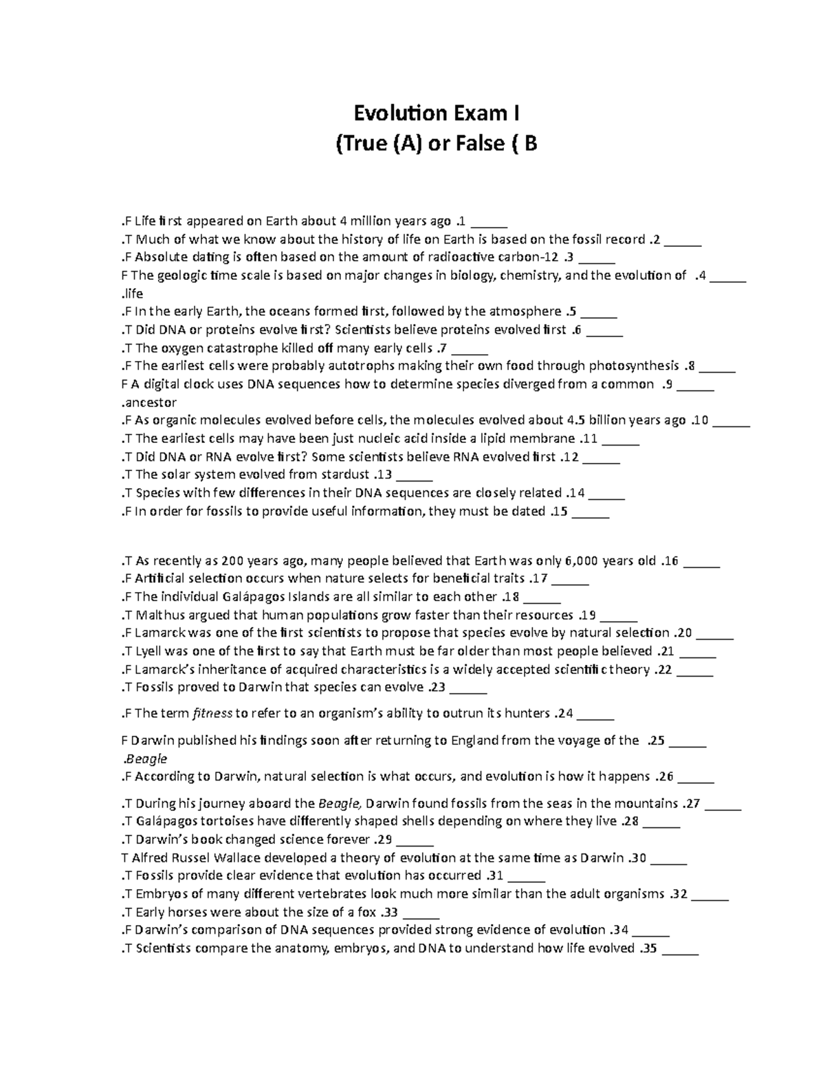 Evolution Exam 1 Answers - Evolution Exam I ( True (A) or False ( B .F ...