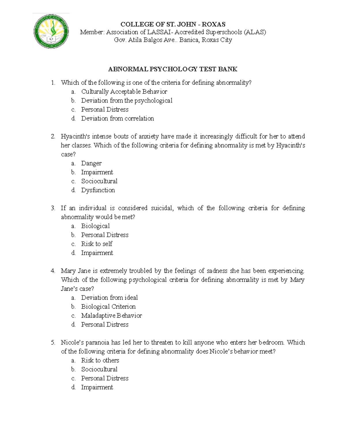 TEST BANK - Member: Association of LASSAI- Accredited Superschools ...