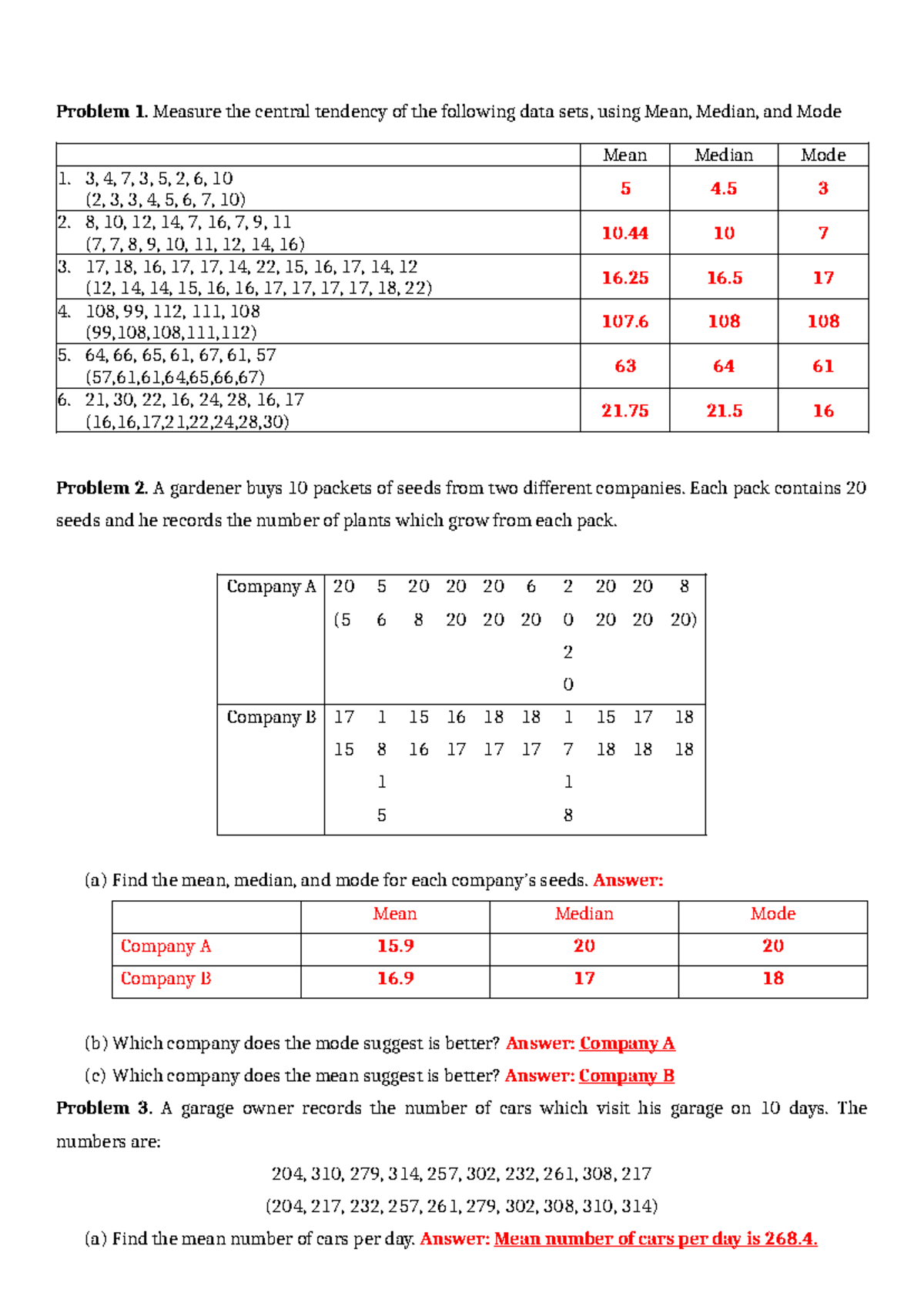 Quantitative - Problem 1. Measure the central tendency of the following ...