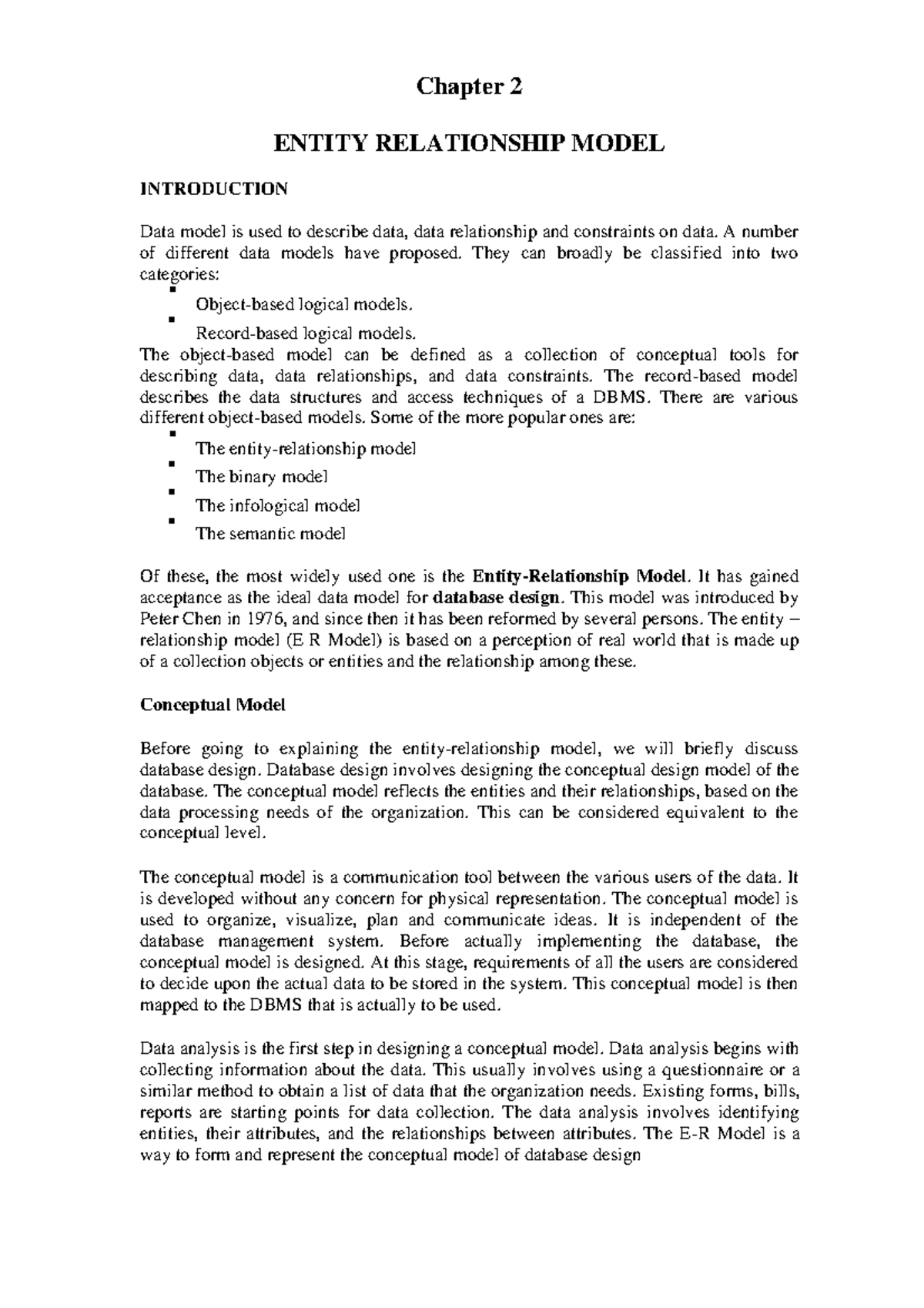 DBMS Unit 2 - ... - Chapter 2 ENTITY RELATIONSHIP MODEL INTRODUCTION Data model is used to ...