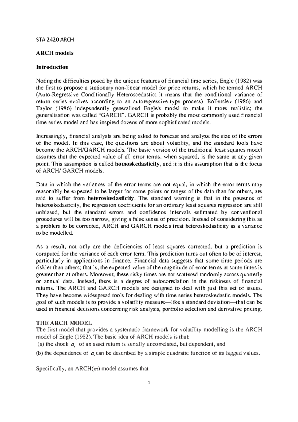 2 STA 2420 ARCH and Garch - STA 2420 ARCH ARCH models Introduction ...