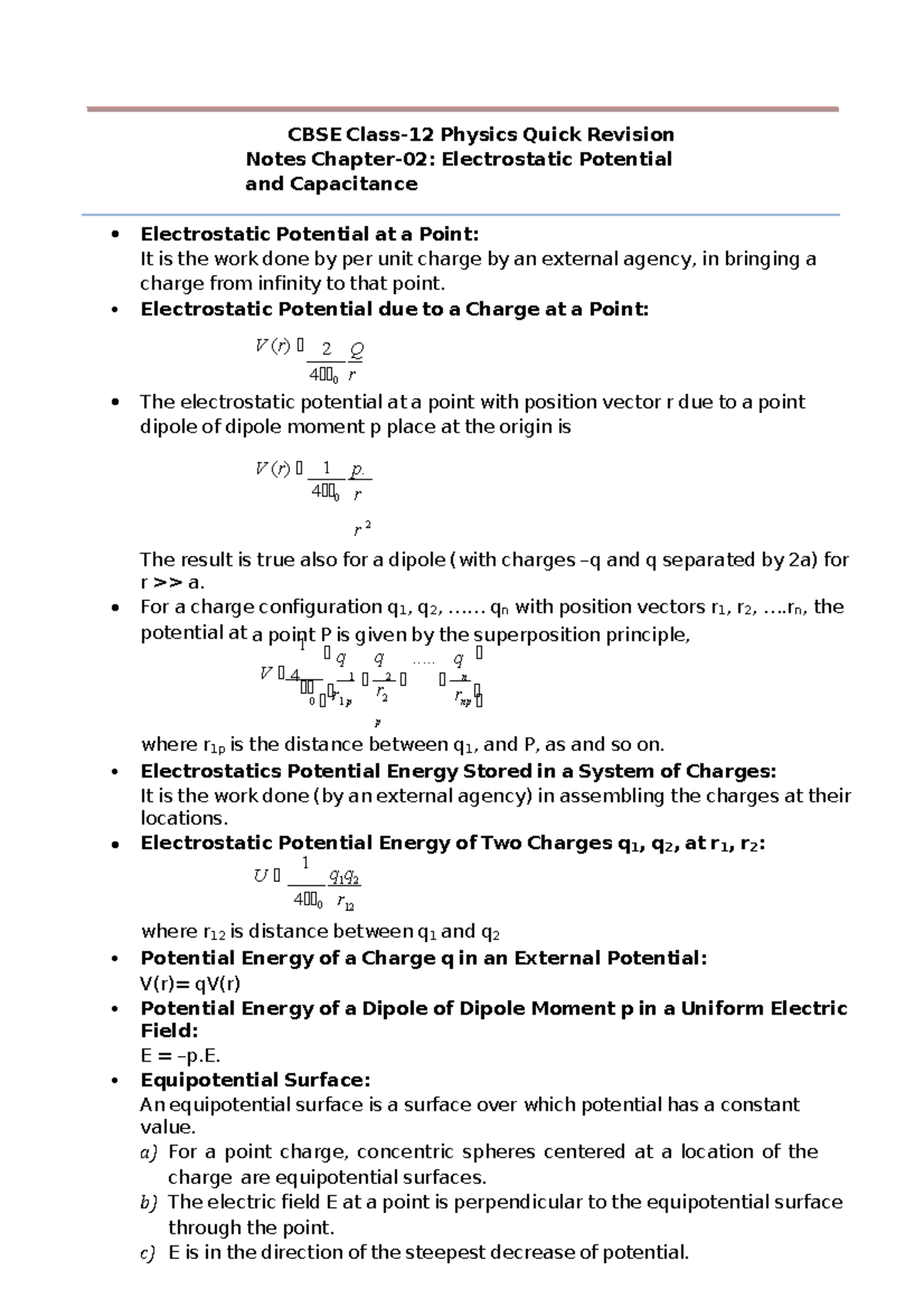 12 physics notes ch02 electrostatic potential and capacitance - CBSE ...