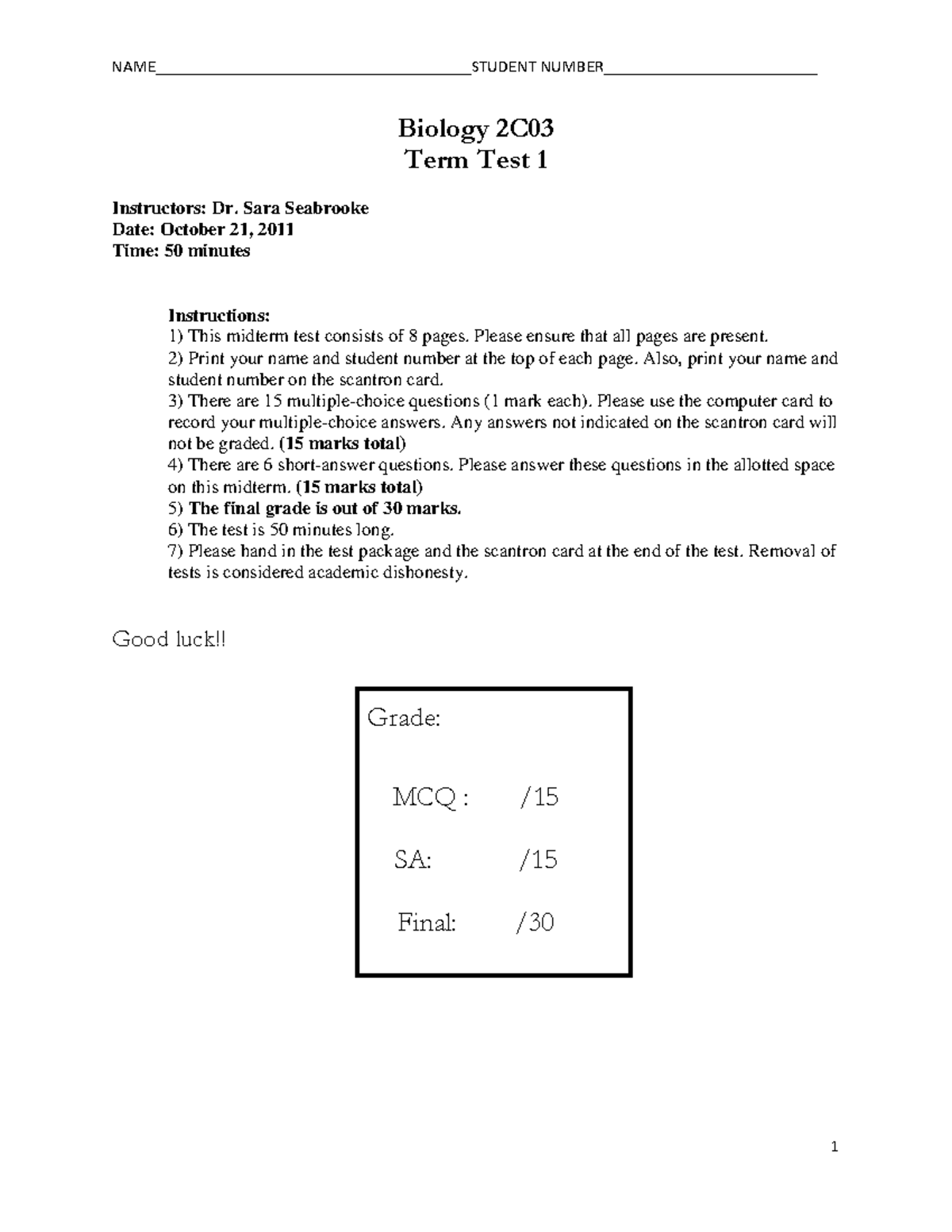 Exam 21 October 2011, questions and answers - Biology 2C Term Test 1 ...