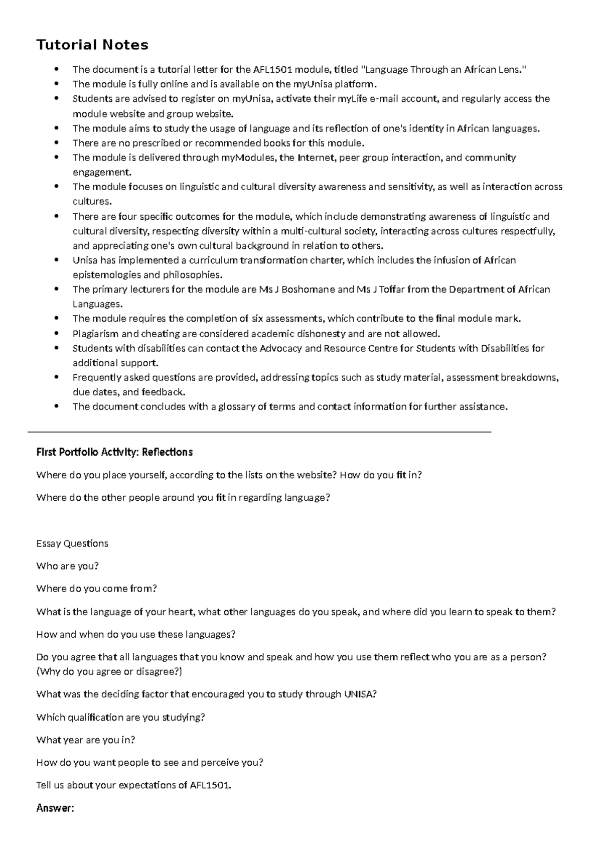 AFL01501 Notes - Tutorial Notes The document is a tutorial letter for ...