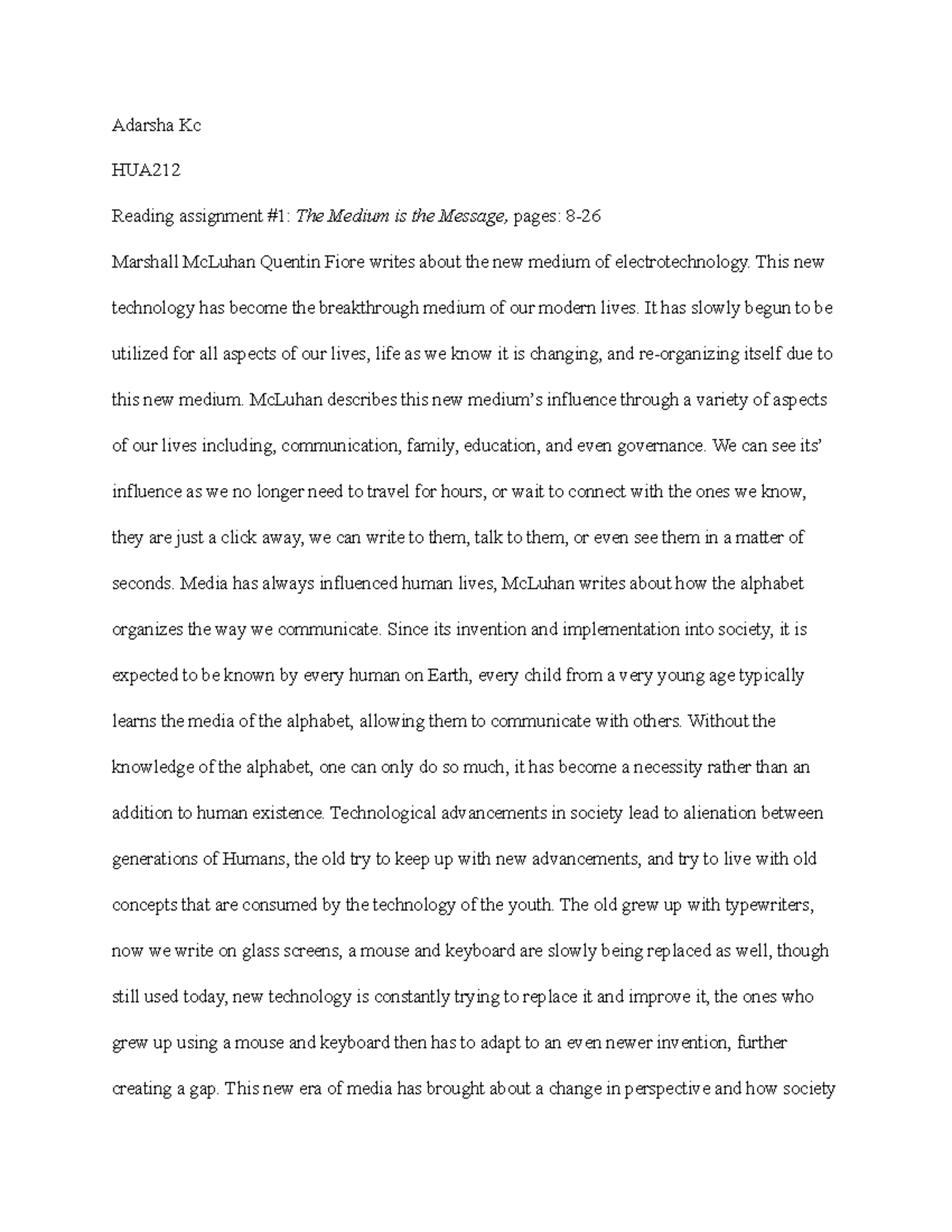HUA212 Reading Assignment #1 - Adarsha Kc HUA Reading assignment #1 ...