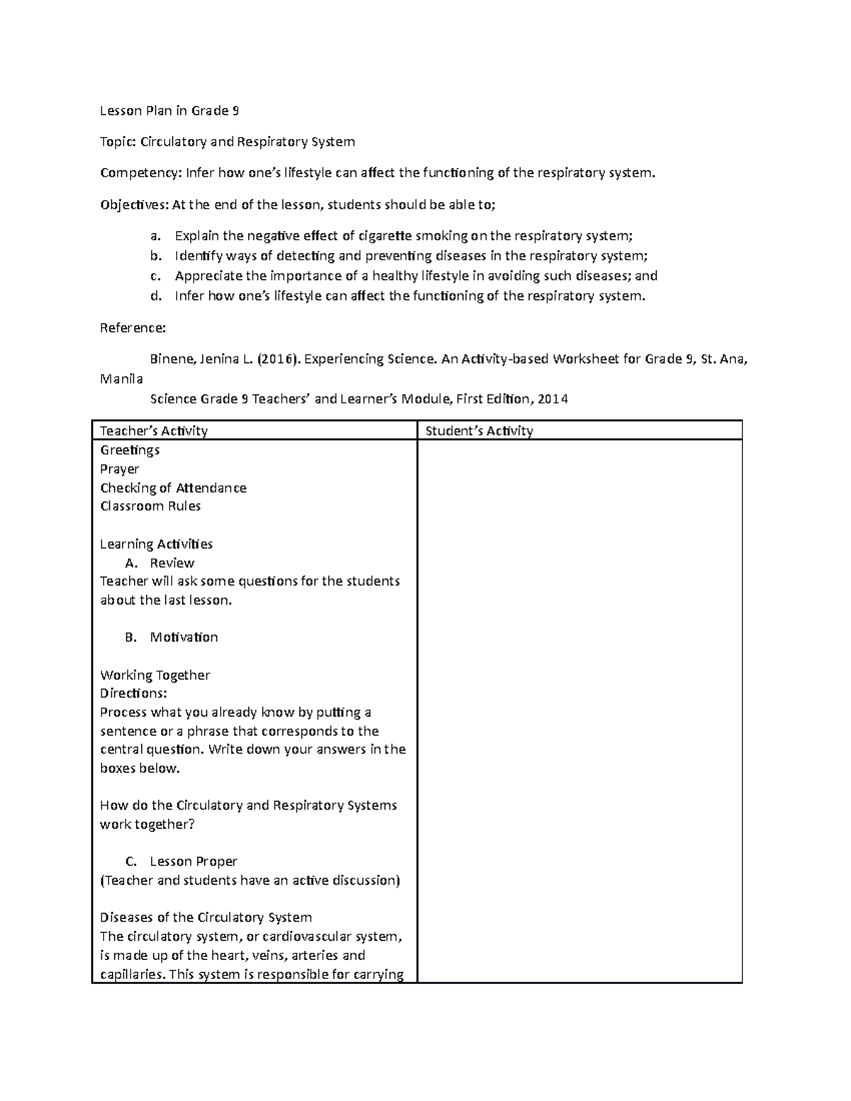 Lesson Plan in Grade 9 - Objectives: At the end of the lesson, students ...