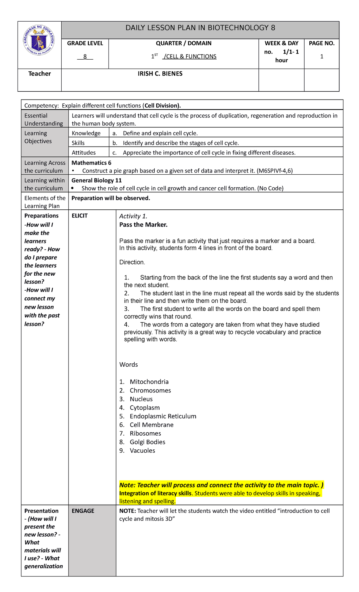 COT 1 Lesson PLAN- Cell Cycle - DAILY LESSON PLAN IN BIOTECHNOLOGY 8 ...