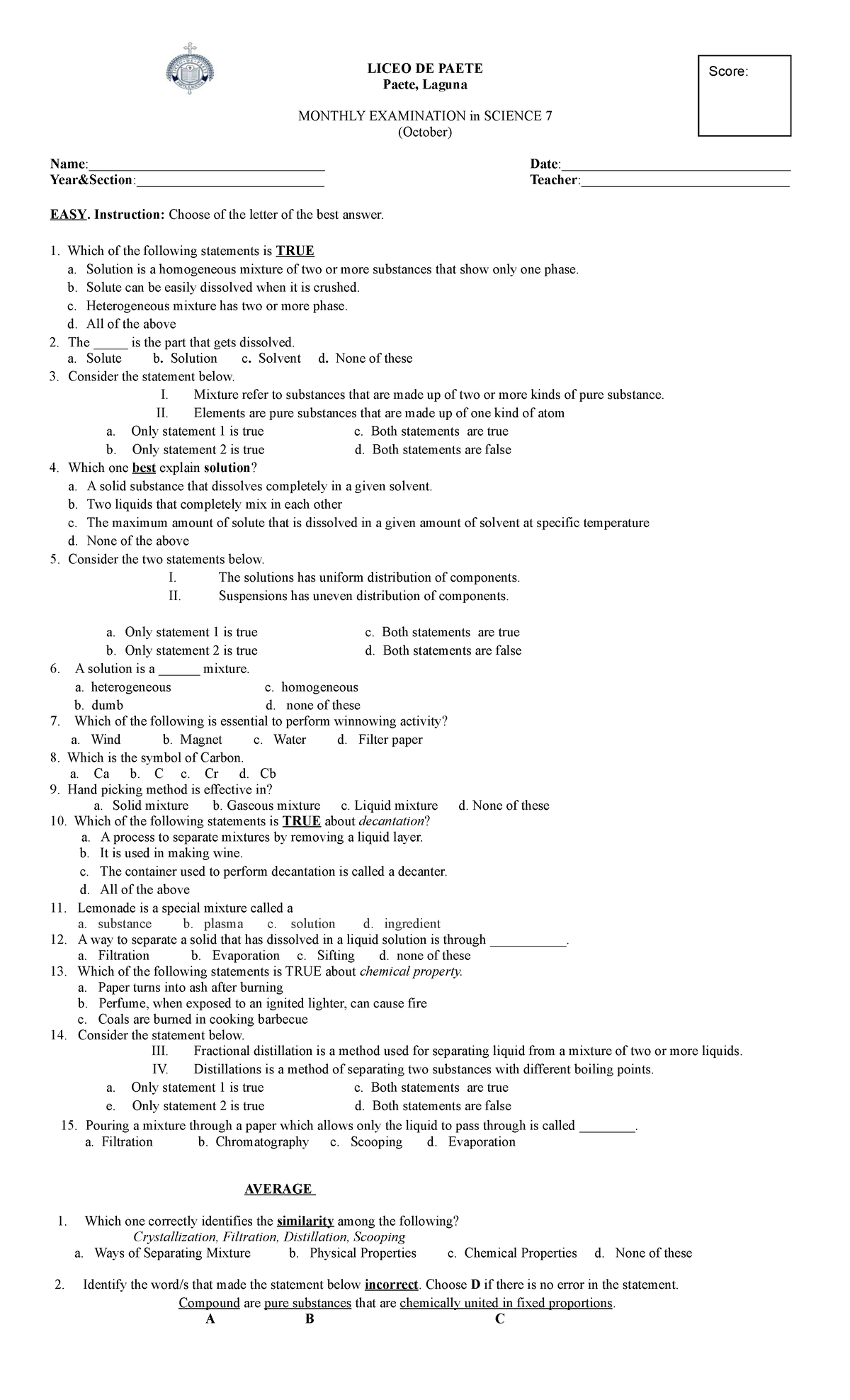 DRY RUN testing - LICEO DE PAETE Paete, Laguna MONTHLY EXAMINATION in ...