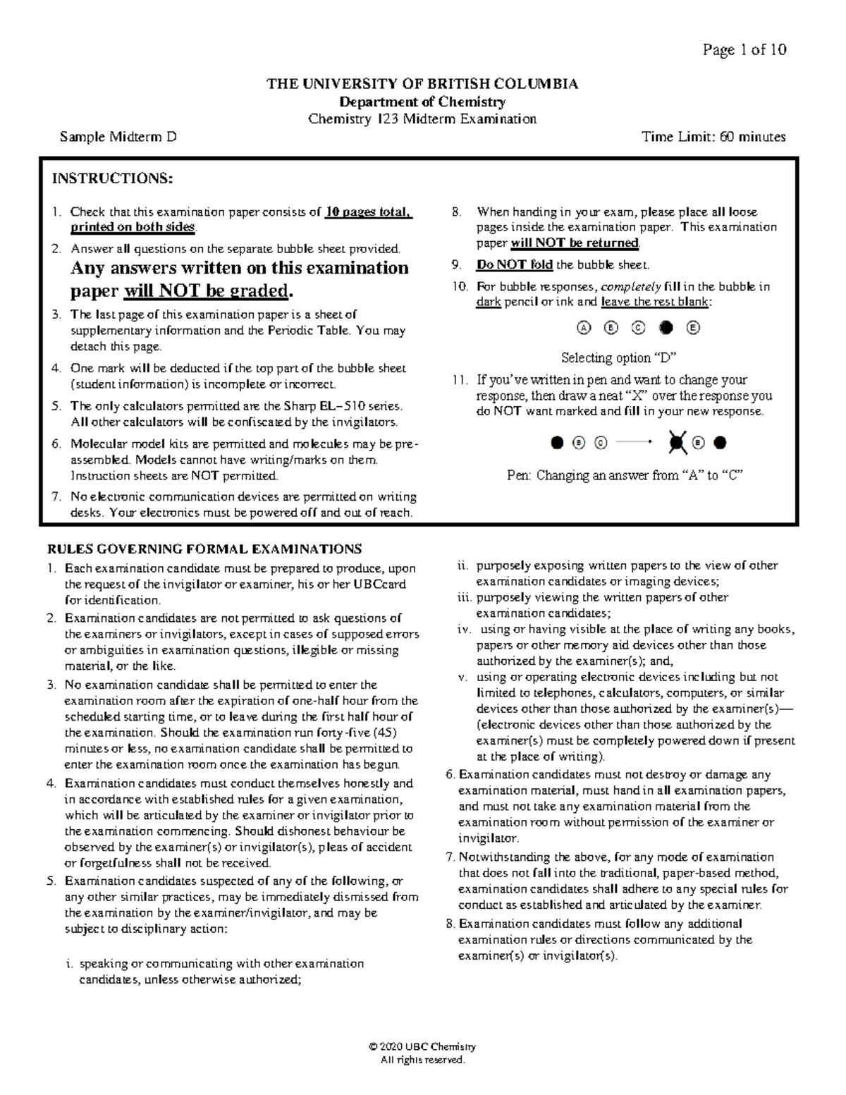 Sample Midterm D Blank - Enjoy! - ####### © 2020 UBC Chemistry THE ...
