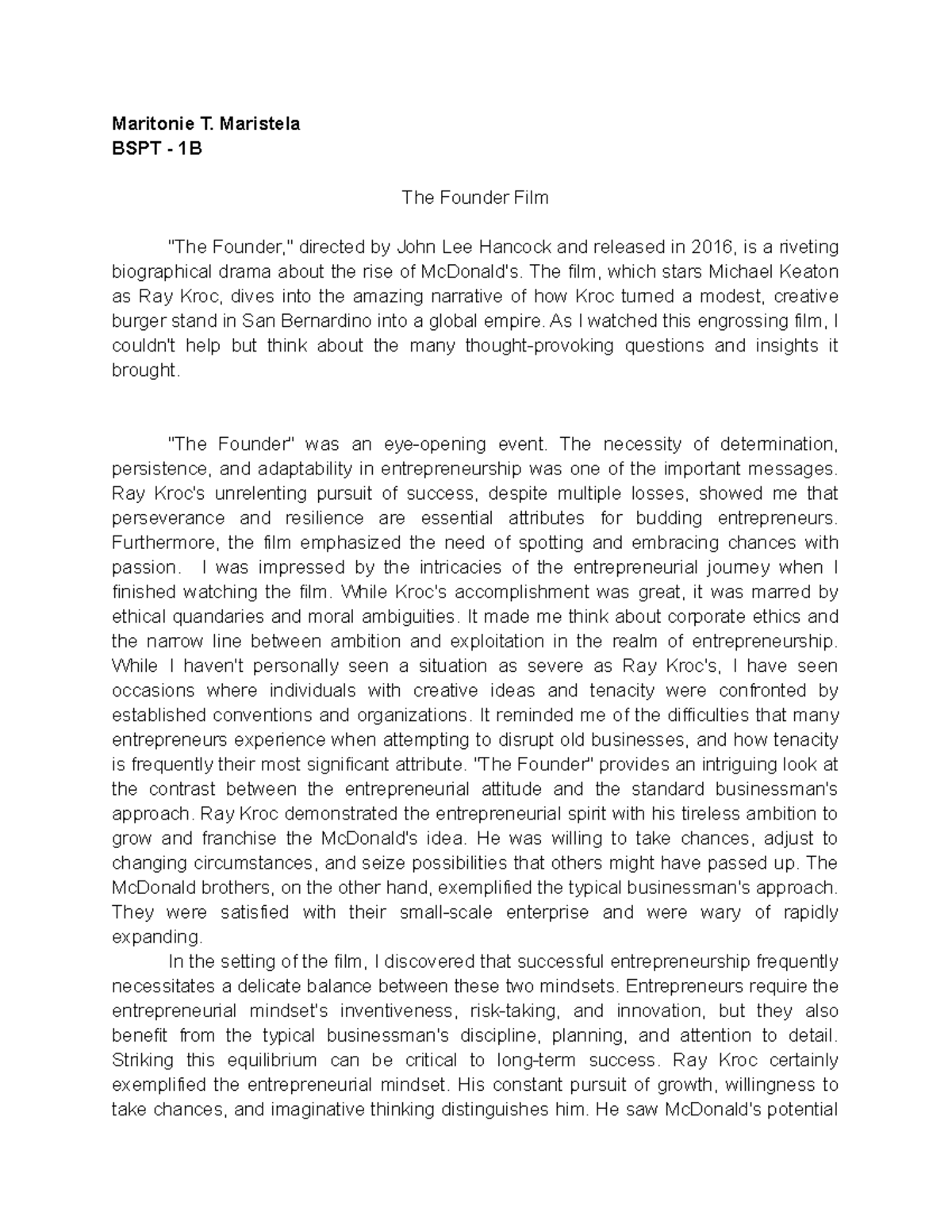 Long Exam ( The Founder Film) - Maritonie T. Maristela BSPT - 1B The ...