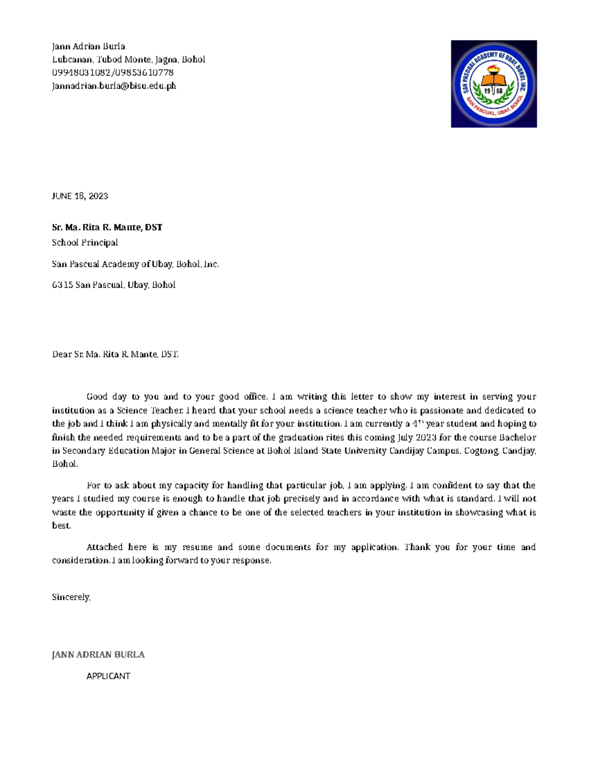 Application letter adrian San Pascual - JUNE 18, 2023 Sr. Ma. Rita R ...