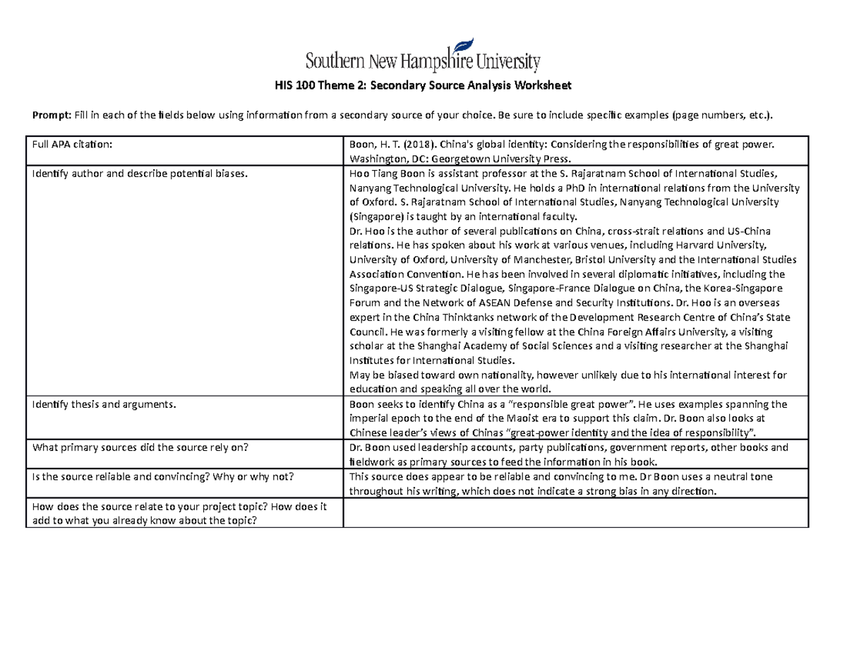 HIS 100 Secondary Source Analysis Worksheet - HIS 100 Theme 2 ...