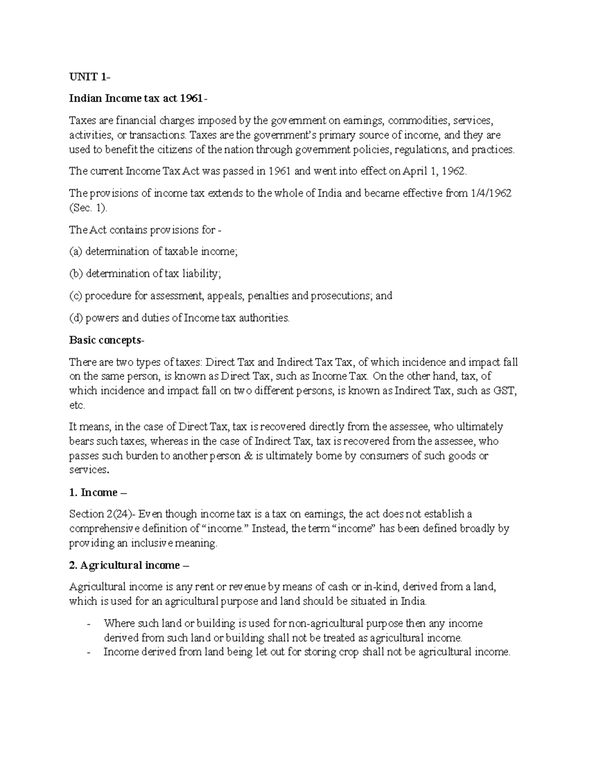 It act unit 1 - mcqs - UNIT 1- Indian Income tax act 1961- Taxes are ...