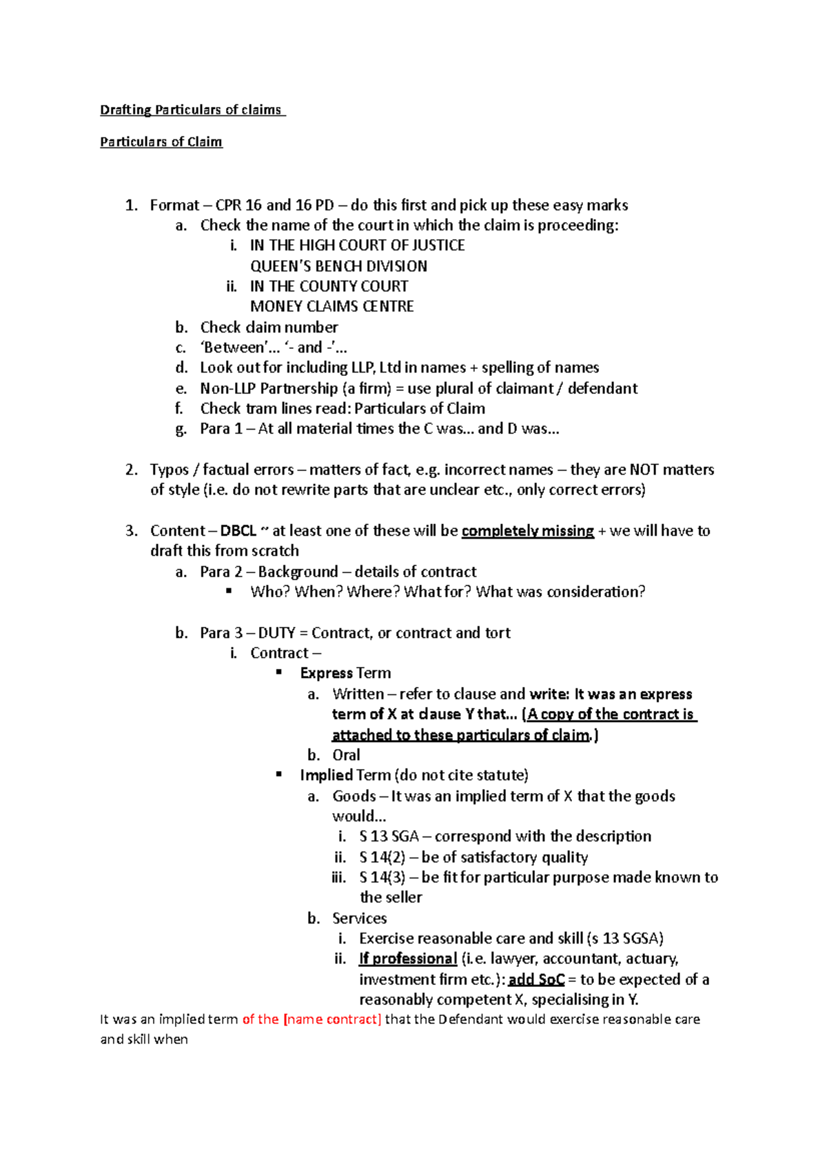 Drafting the Particulars of claim - Drafting Particulars of claims ...
