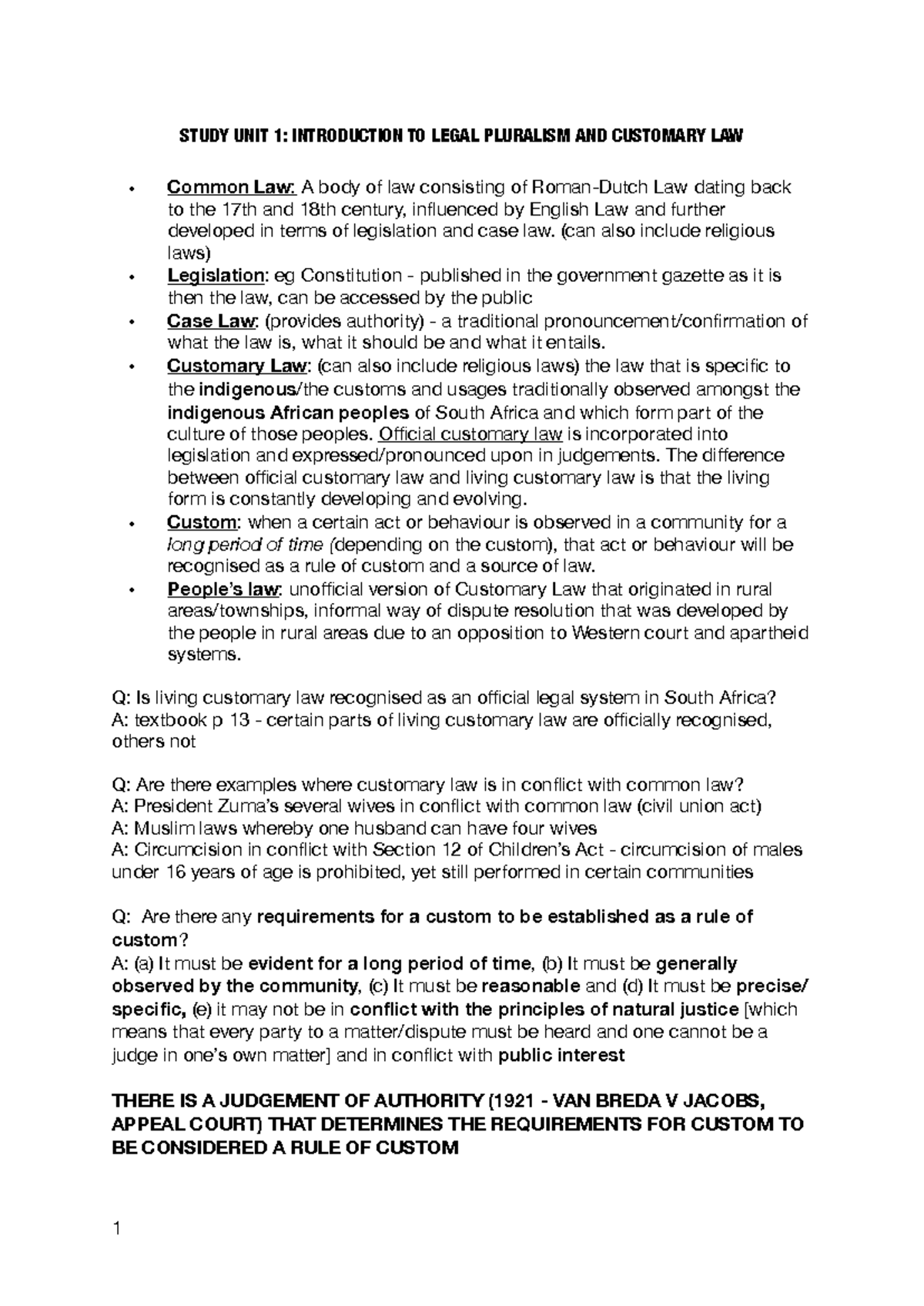 African Customary Law Class Notes - STUDY UNIT 1: INTRODUCTION TO LEGAL ...