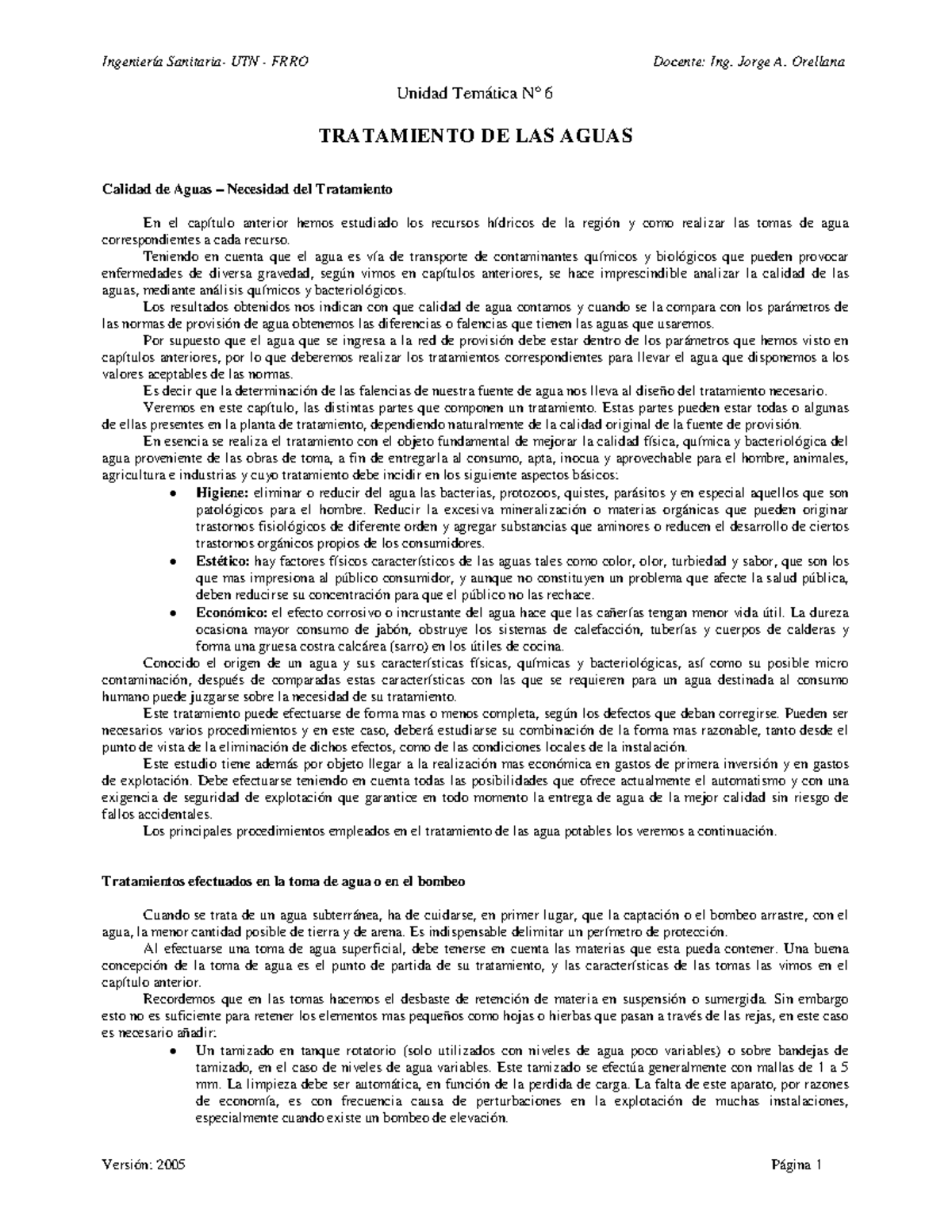 Ingenieria Sanitaria A4 Capitulo 06 Tratamiento de Aguas - Unidad Temática Nº 6 TRATAMIENTO DE ...