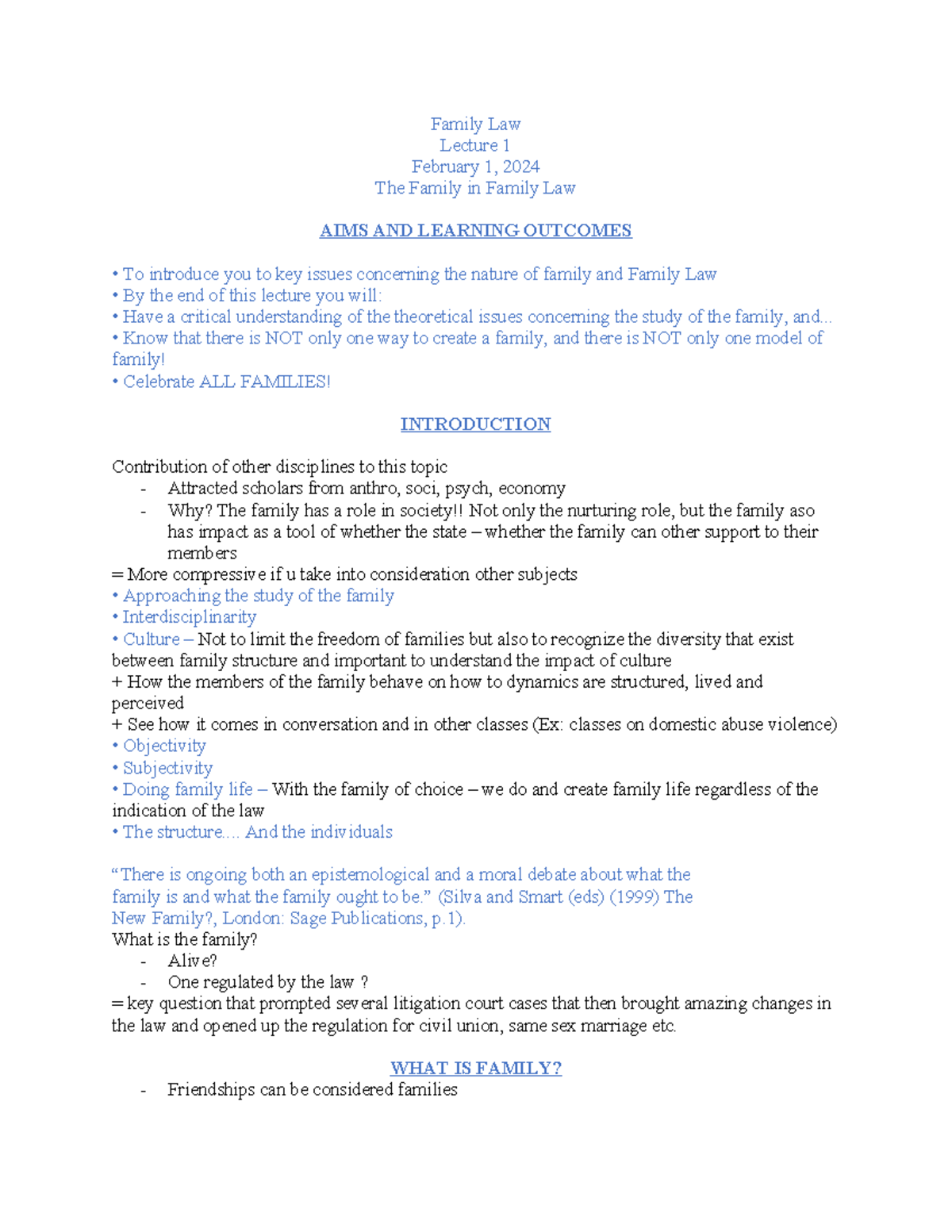 Lecture 1 - The Family - Family Law Lecture 1 February 1, 2024 The ...