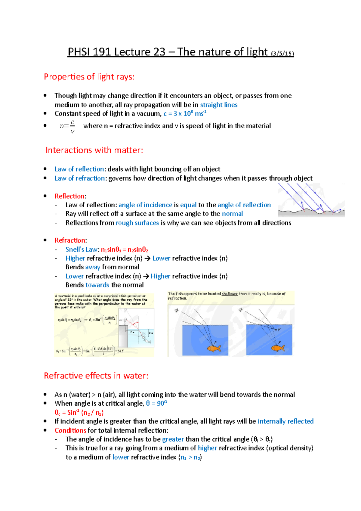 PHSI 191 Lecture 23 - PHSI191 - PHSI 191 Lecture 23 – The nature of light (3/5/19) Properties of ...