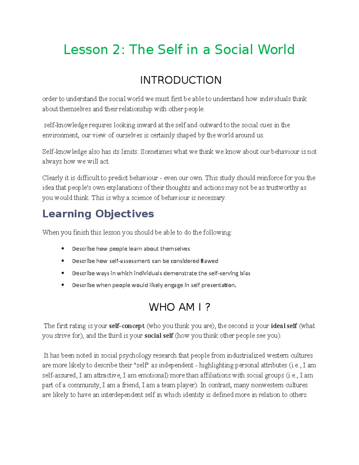 Lesson 2 Understanding Self text and lesson note - Lesson 2: The Self ...