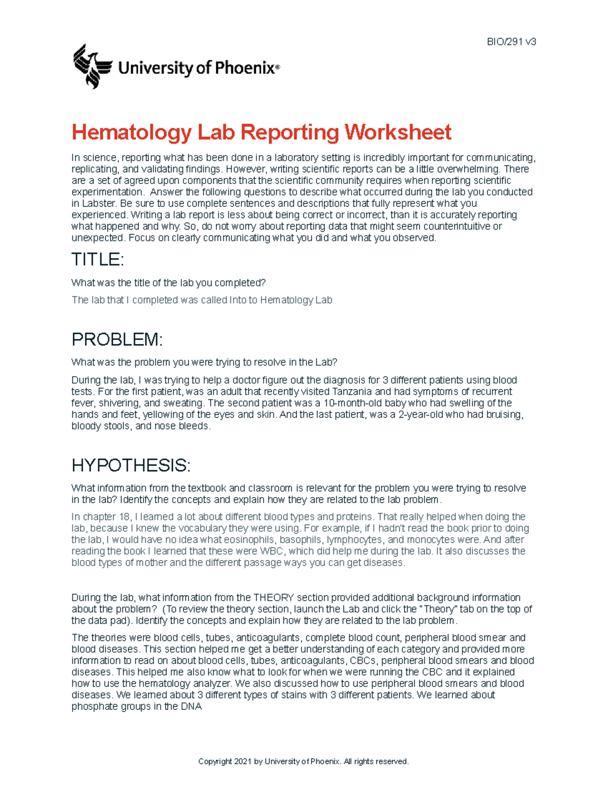 Bio291 v3 wk1 the hematology lab report - BIO/291 v Hematology Lab ...