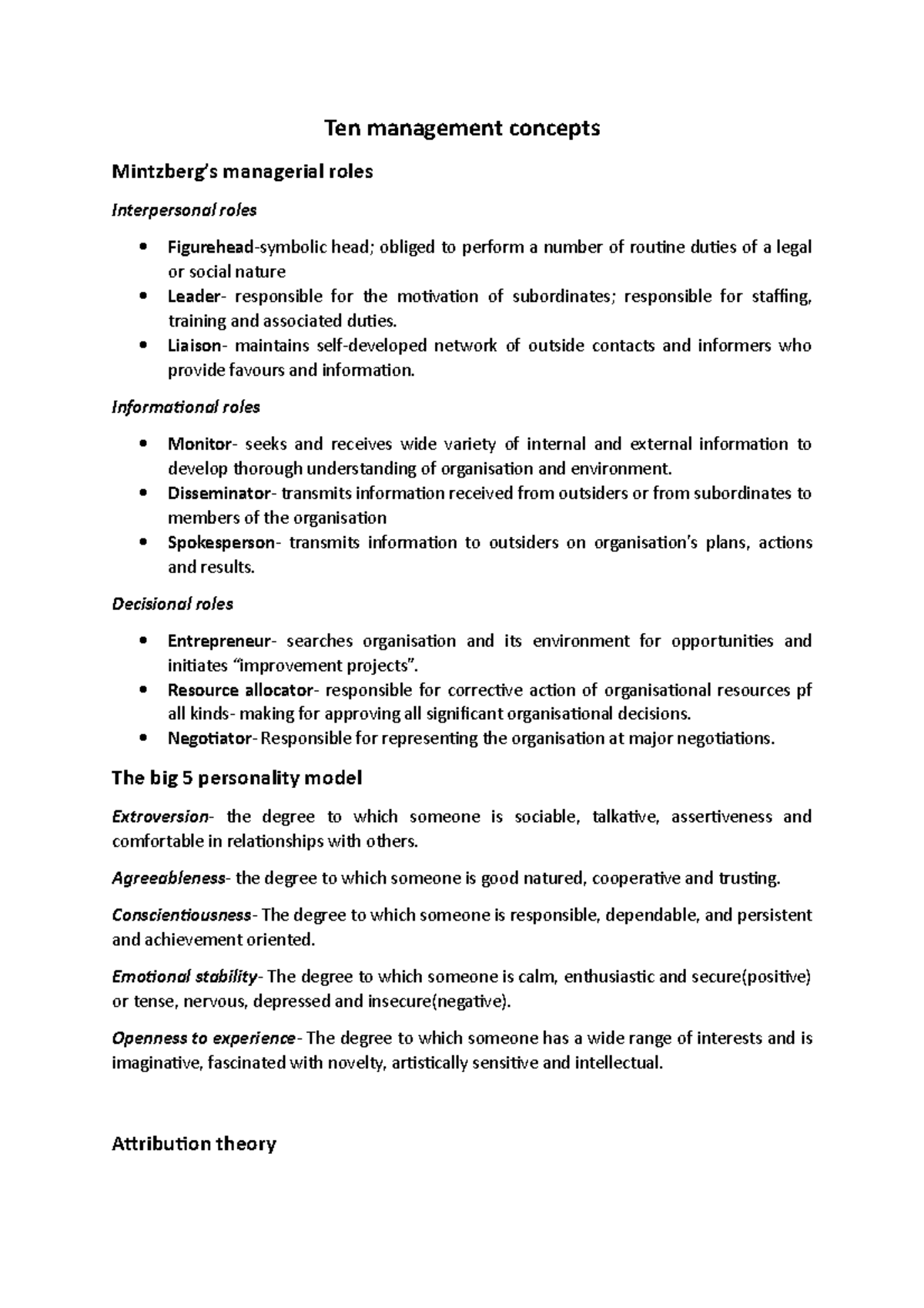 Ten management concepts - Ten management concepts Mintzberg’s ...