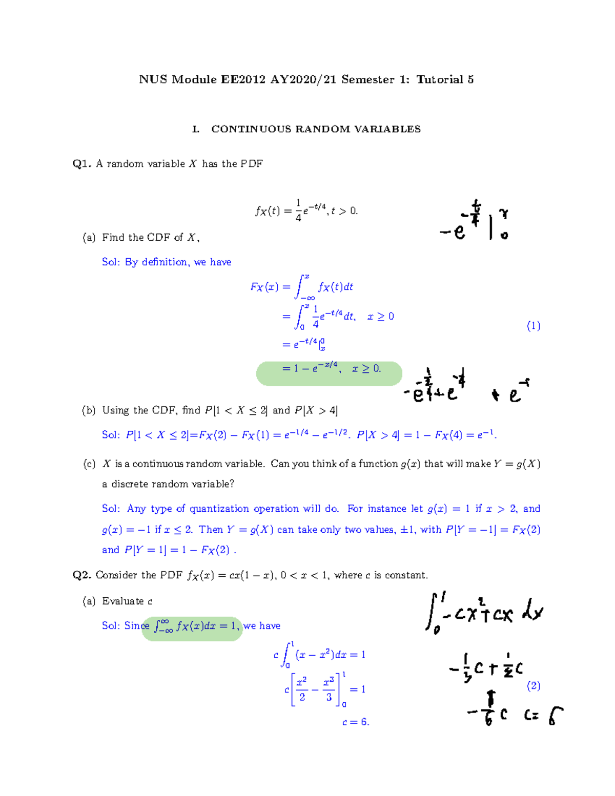 EE2012 Tutorial 5 Solutions - NUS Module EE2012 AY2020/21 Semester 1: Tutorial 5 I. CONTINUOUS ...