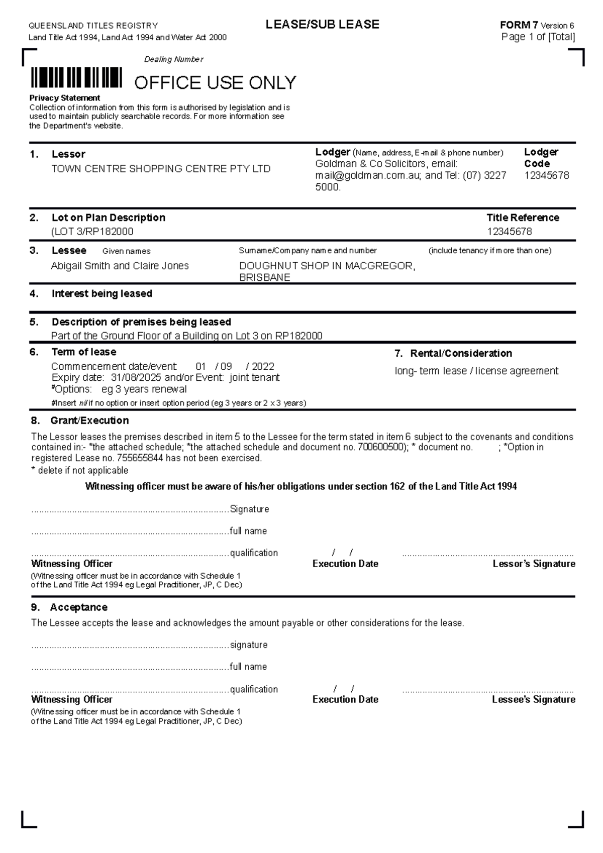 Form 7 Lease Sub lease - QUEENSLAND TITLES REGISTRY LEASE/SUB LEASE ...