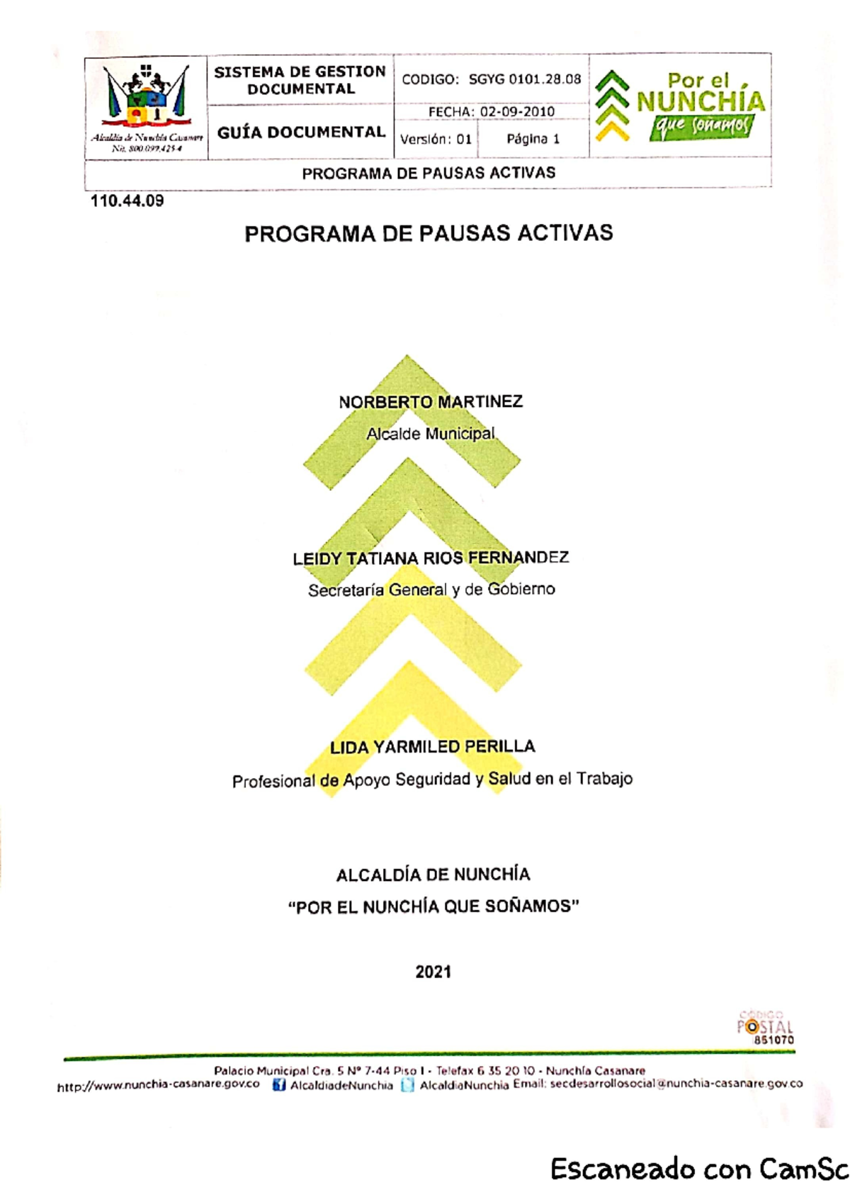 Programa DE Pausas Activas 2021 - SISTEMA DE GESTION CODIGO: SGYG 0101. ...