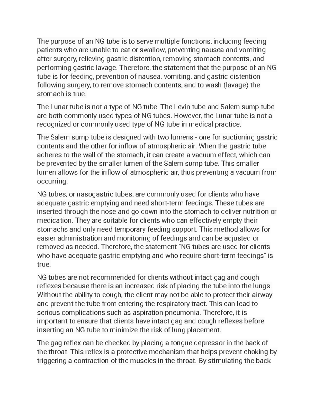 NG TUBE notes 1 - Procedure - The purpose of an NG tube is to serve ...