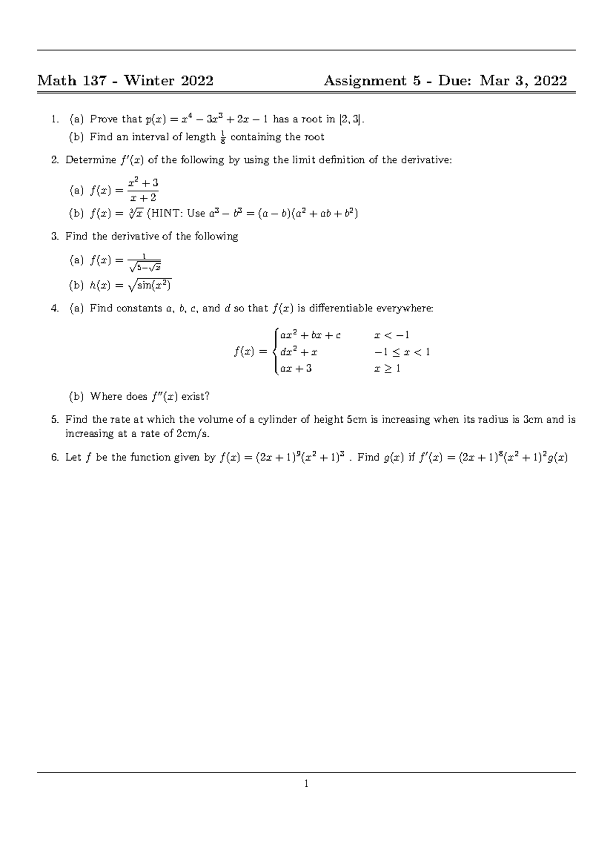 Math 137 Assignment # 2 - Math 137 - Winter 2022 Assignment 5 - Due ...