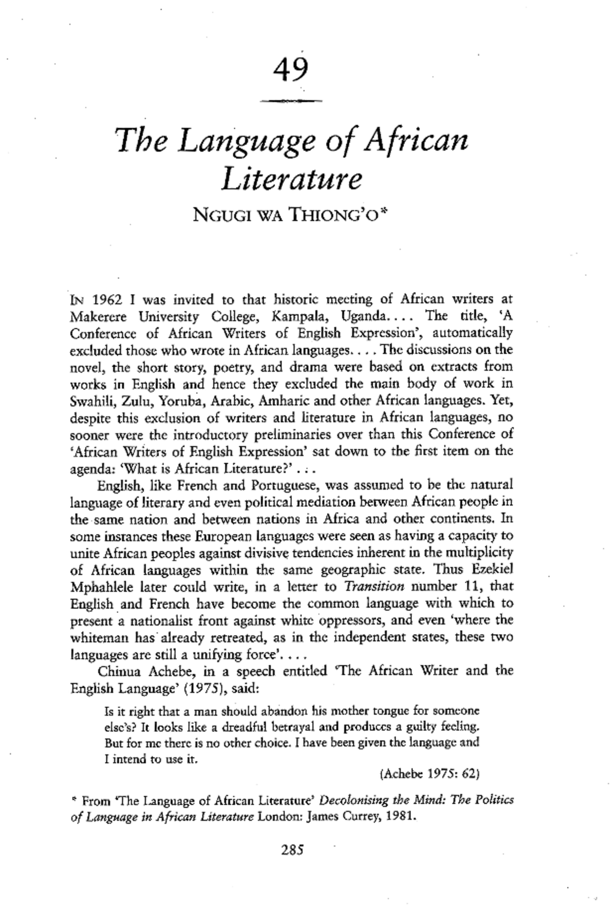 Ngugi Excerpts Language of African Lit - Post-Colonial literatures ...