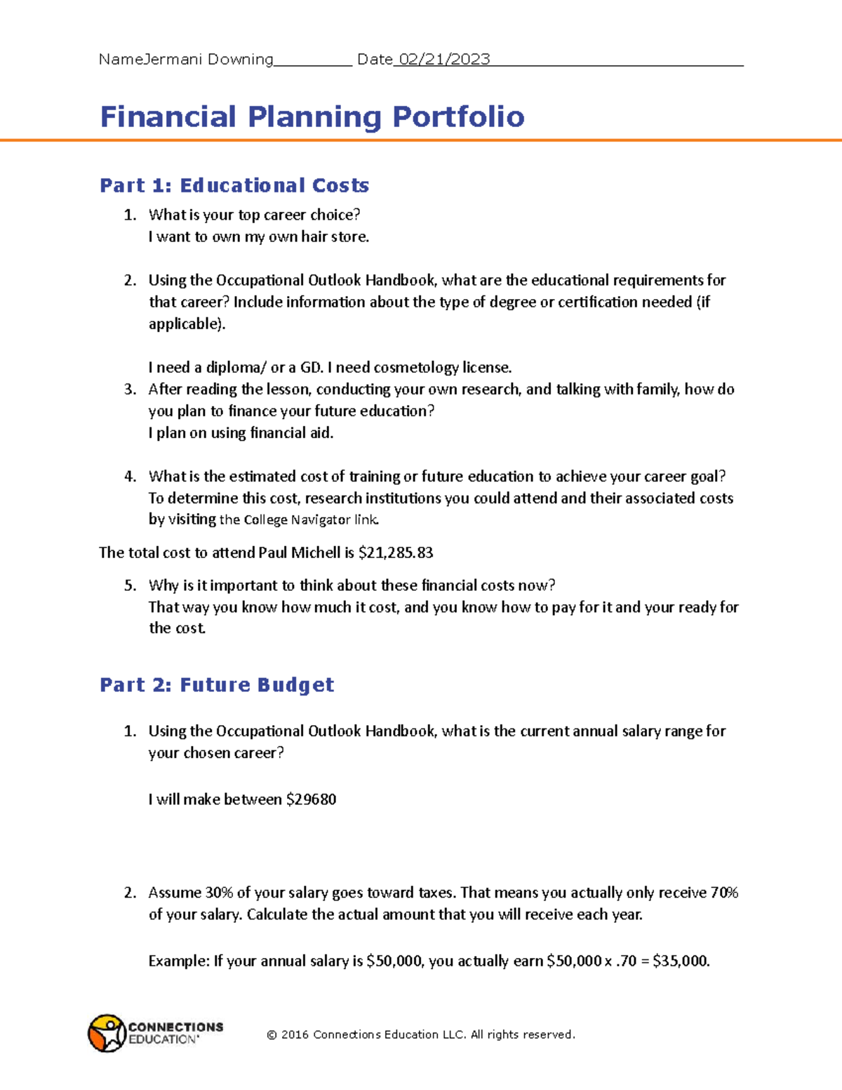 Fin plan - example - NameJermani Downing Date 02/21/ Financial Planning ...