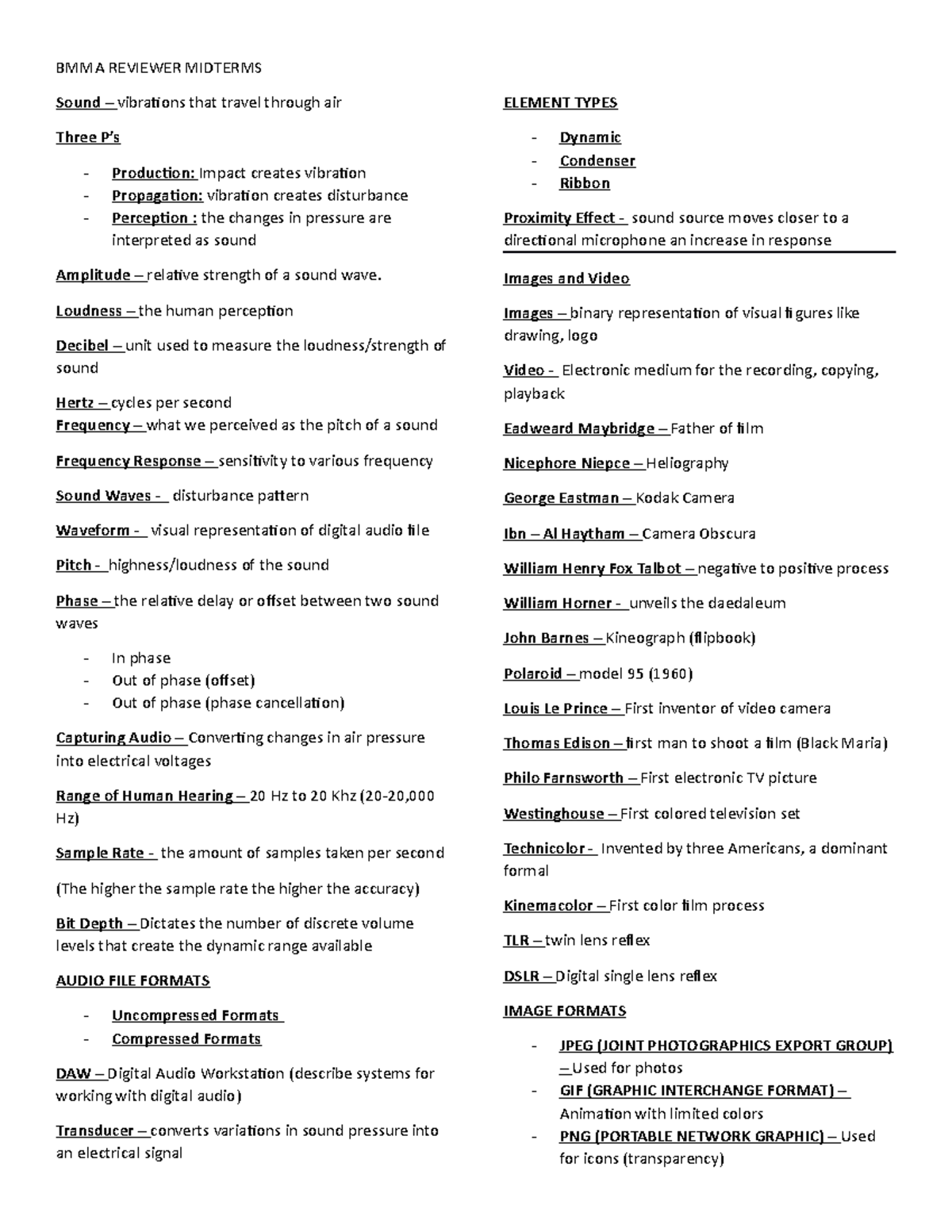 BMMA- Reviewer- Midterms - BMMA REVIEWER MIDTERMS Sound – vibrations ...